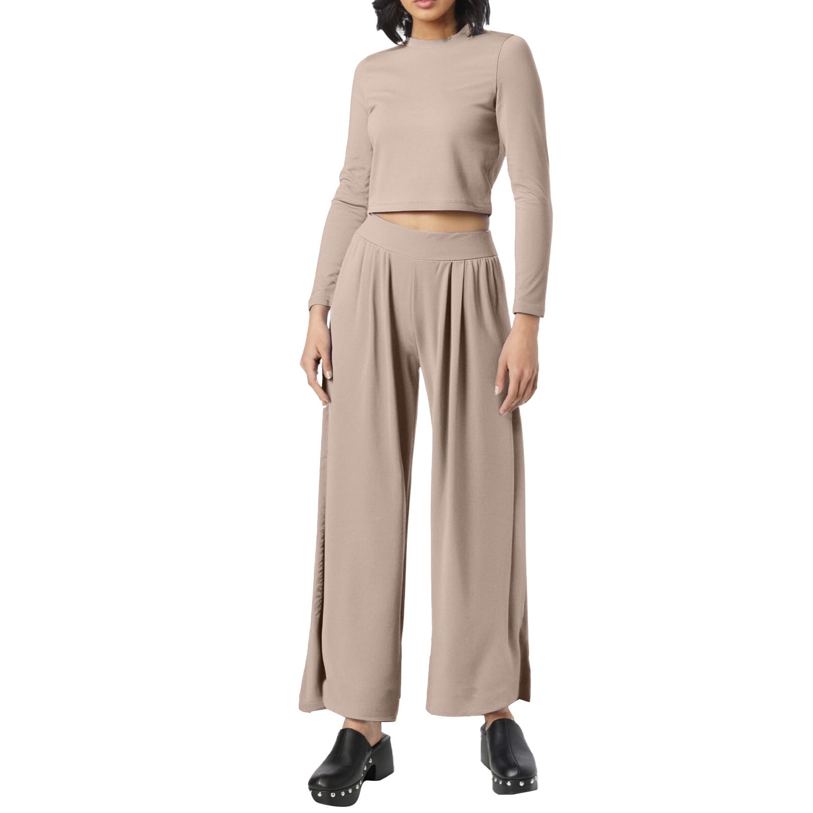 HJYCHN Women Outfit 2 Piece Sets with Bodycon Crop Top and Loose Wide ...
