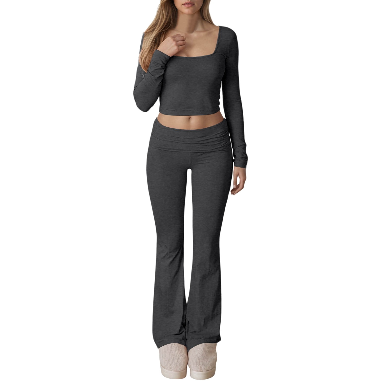 HJYCHN Women Solid Color Outfits Long Sleeve Top with with Trousers 2 ...