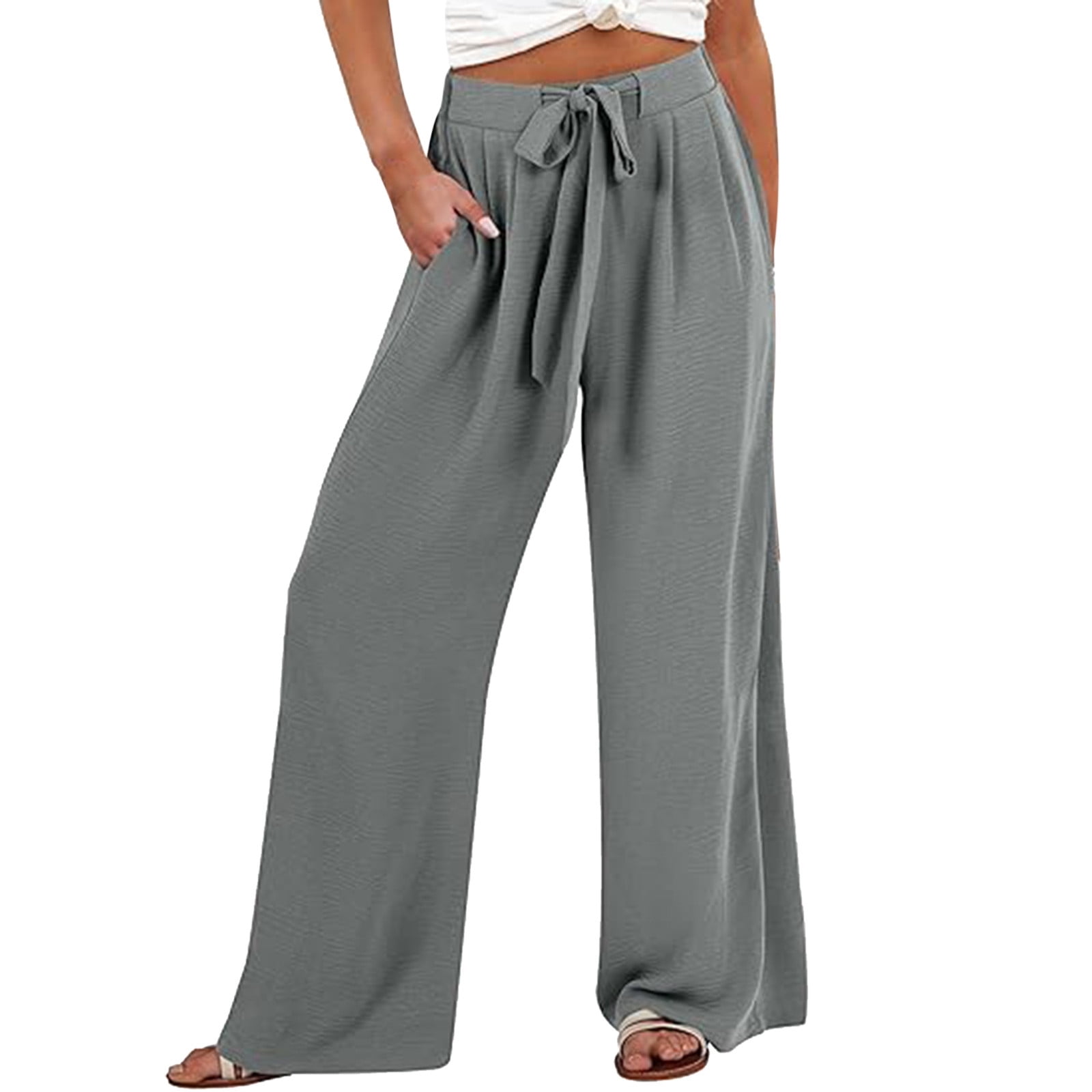 HJYCHN Women's Wide-Leg Solid Casual Pants Adjustable Drawstring ...