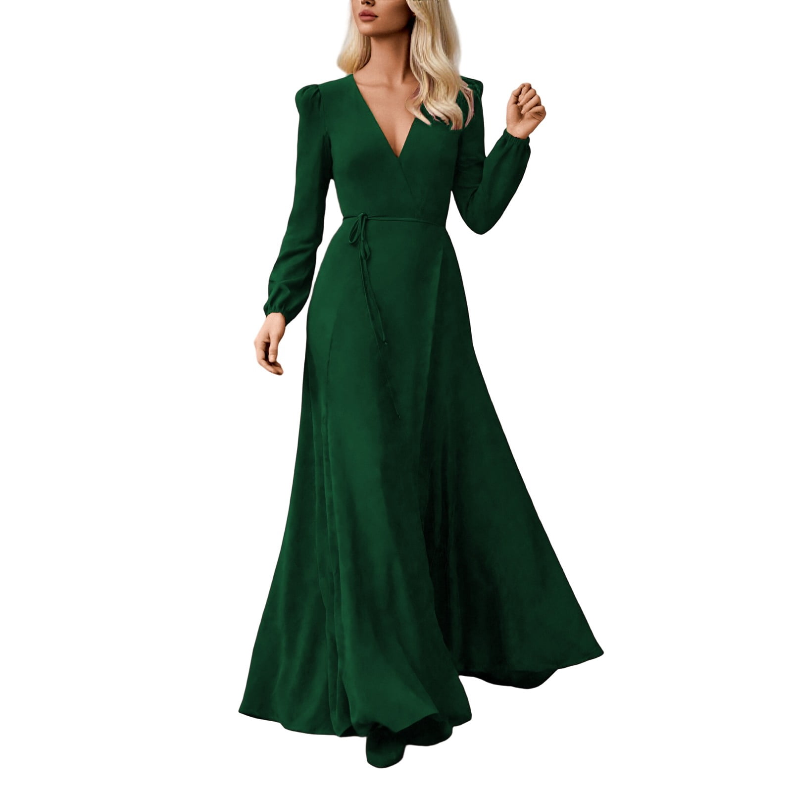 HJYCHN Womens Dresses Elegant Long Sleeve Belted Maxi Dress with Flowy ...