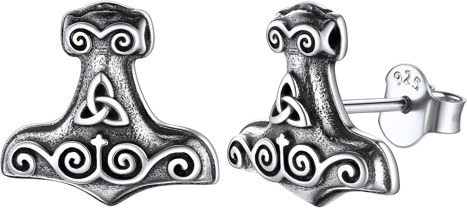 HJYUCHY 925 Sterling Silver Wolf Head/Thor Hammer Stud Earrings Punk ...