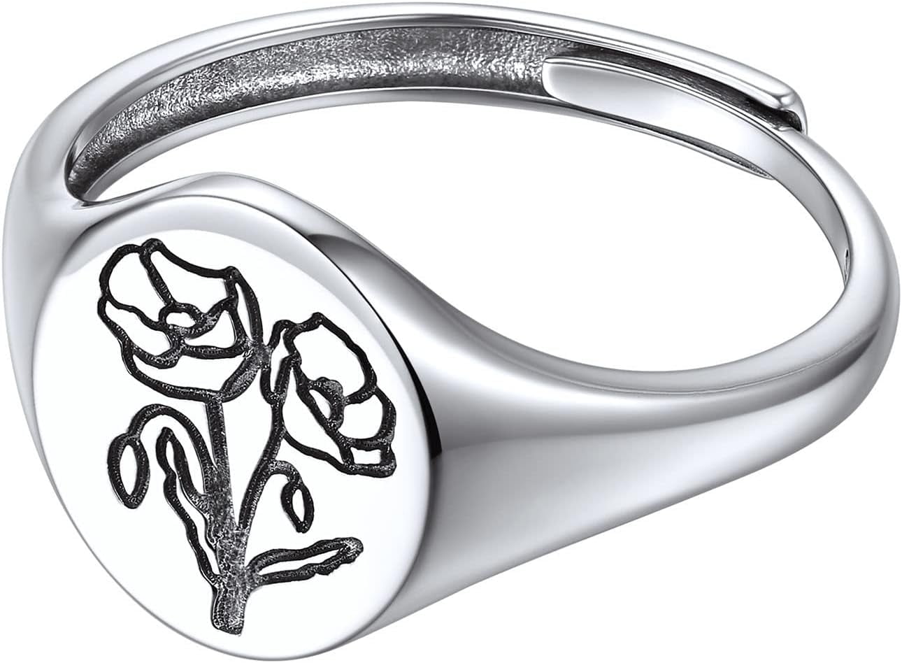 HJYUCHY August Birth Flower Ring 925 Sterling Silver Handmade Poppy ...