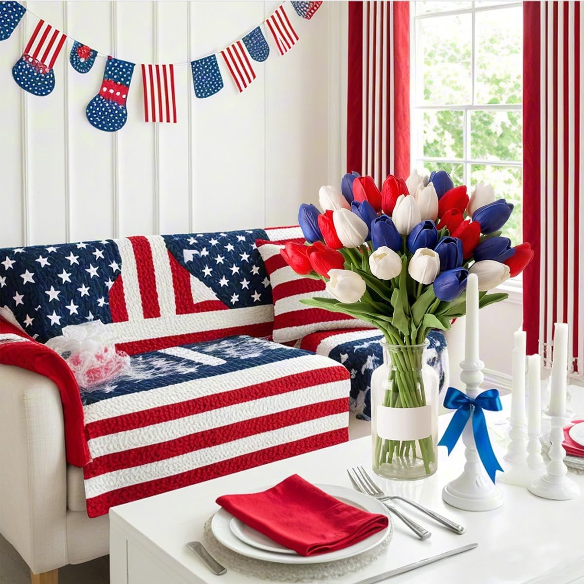 HJuyYuah 20pcs Artificial Tulip Flowers 14 Inch, Red White Blue ...