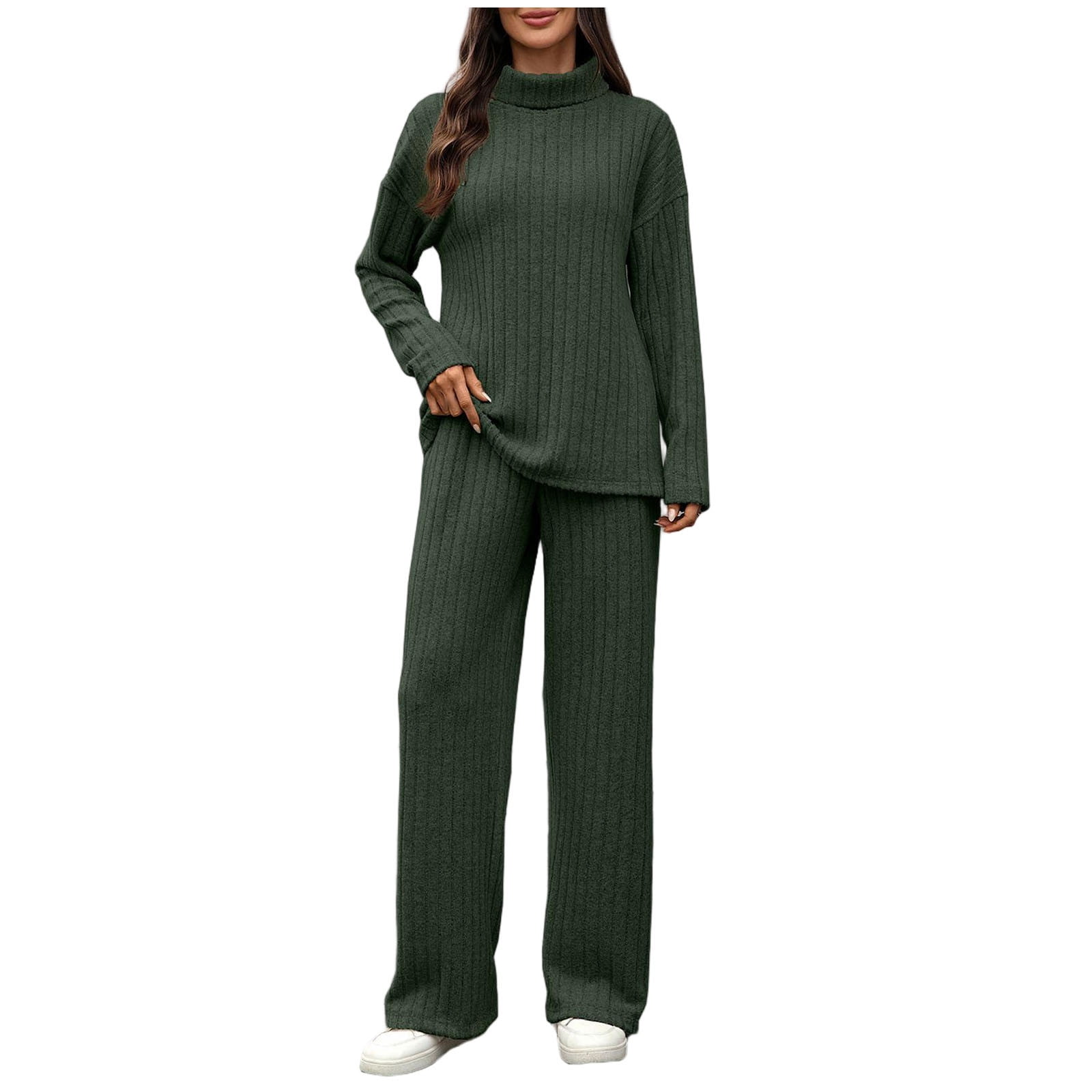 HKEJIAOI Women's 2 Piece Outfits Turtleneck Solid Color Sweaters Lounge ...