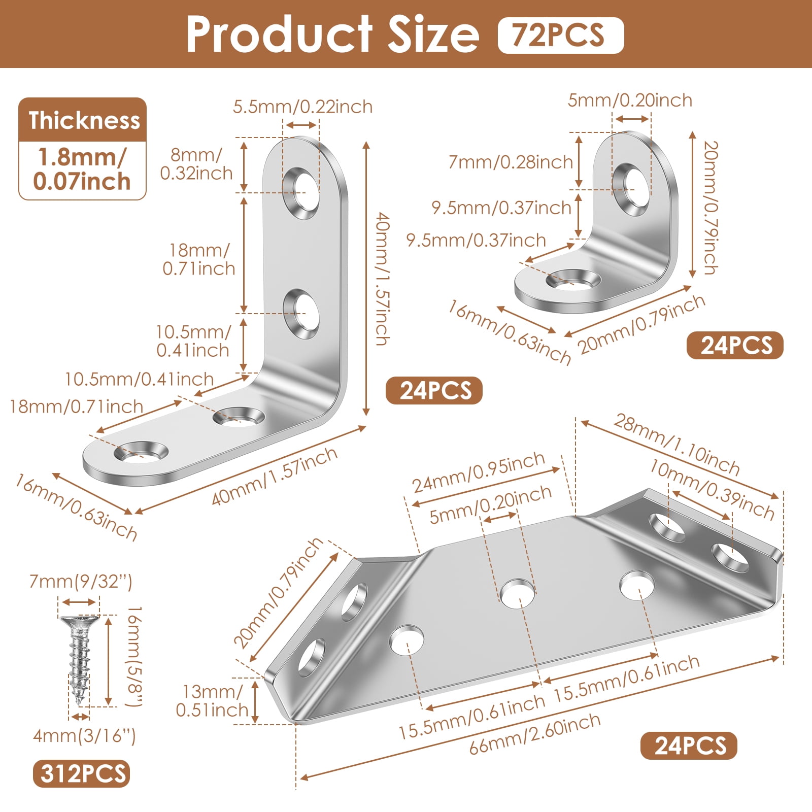 HKJUNFEI 72Pcs Corner Brackets with Stainless Steel Construction Metal ...