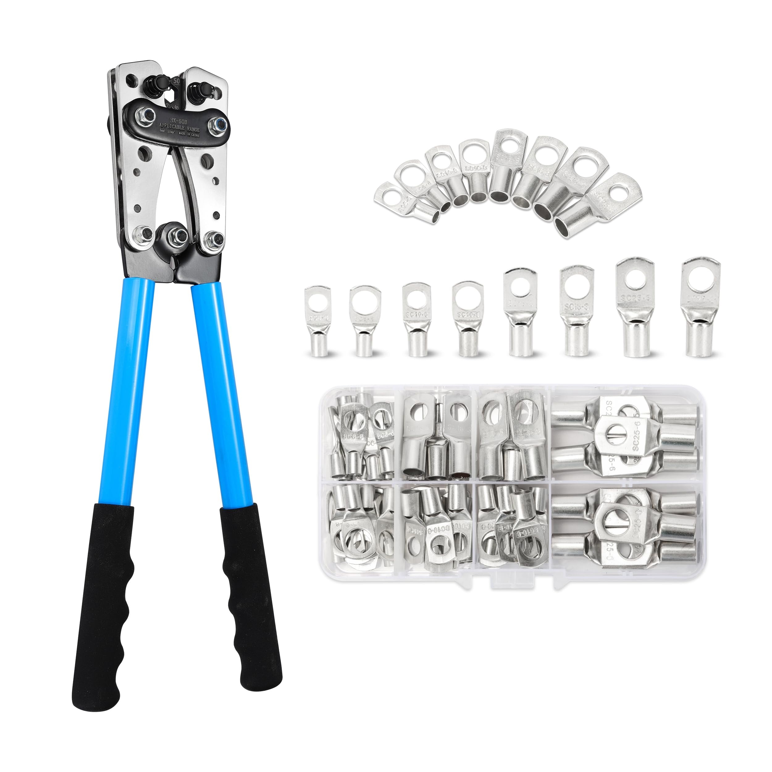 HKS Battery Cable Lug Crimping Tool 10-1 AWG with 60Pcs Copper Ring ...