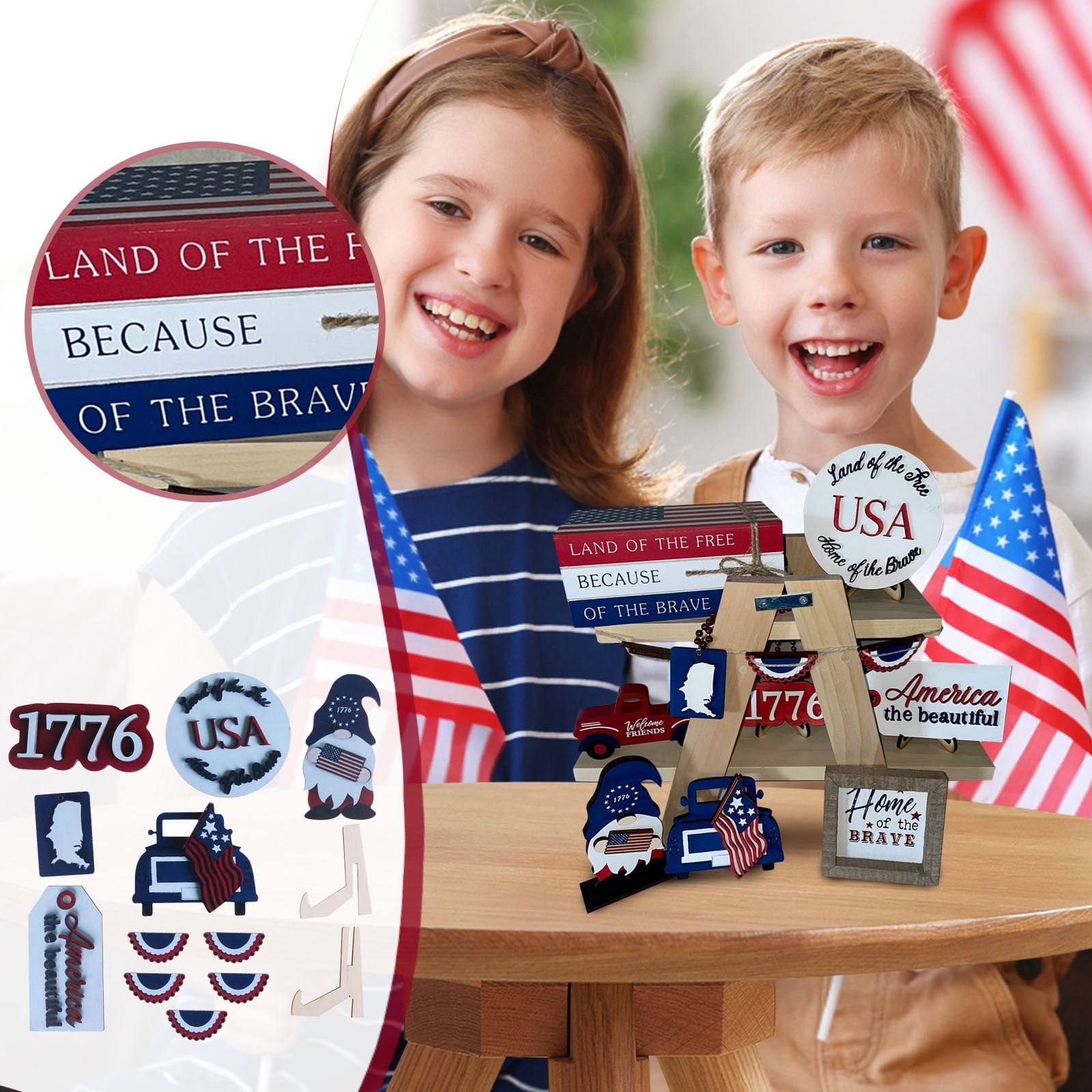 HKUKY Independence Day Tiered Tray Decor Wood Patriotic Decorations ...