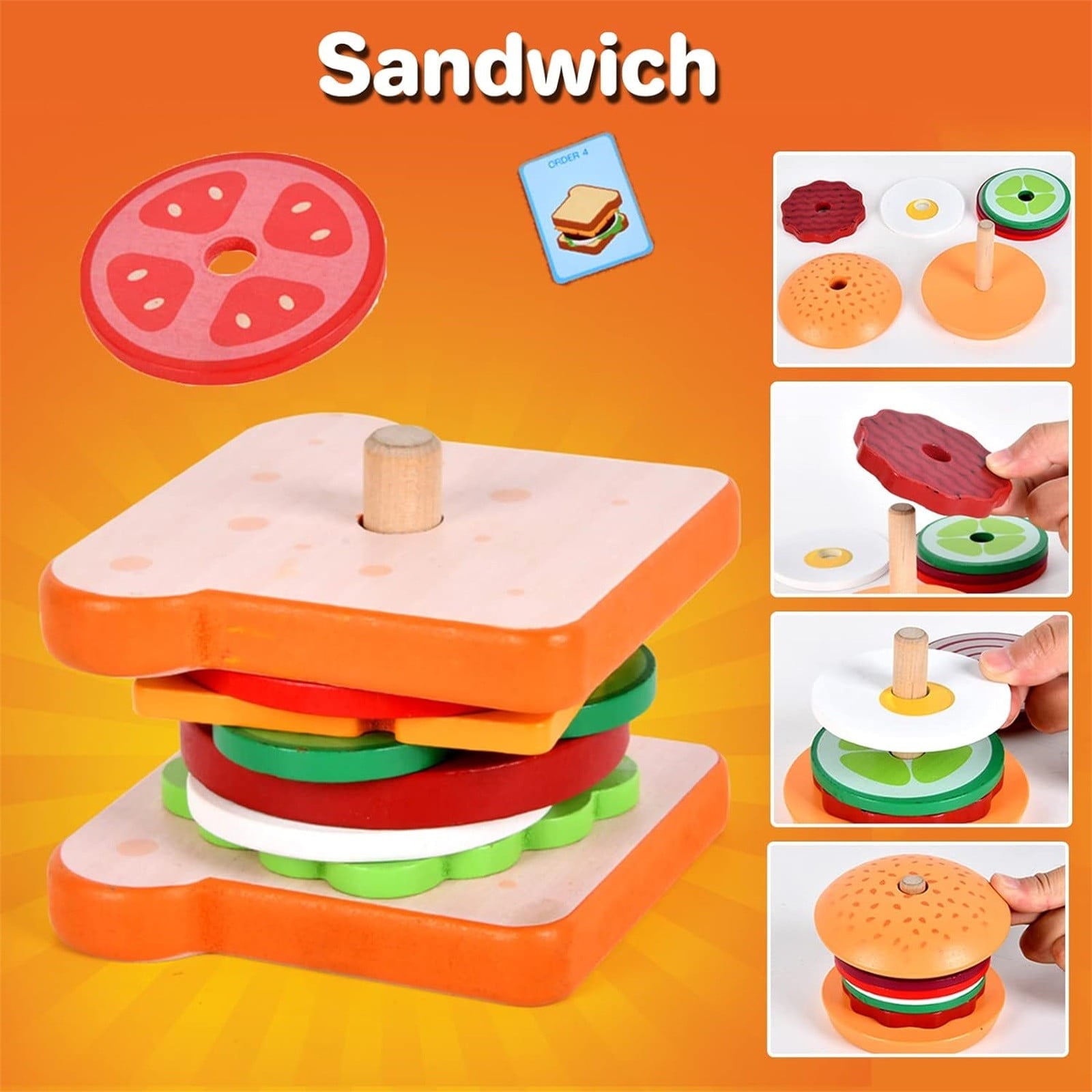 HKUKY Wooden Sandwich Stacking Toys for Kids, Play Fake Food Toy for ...