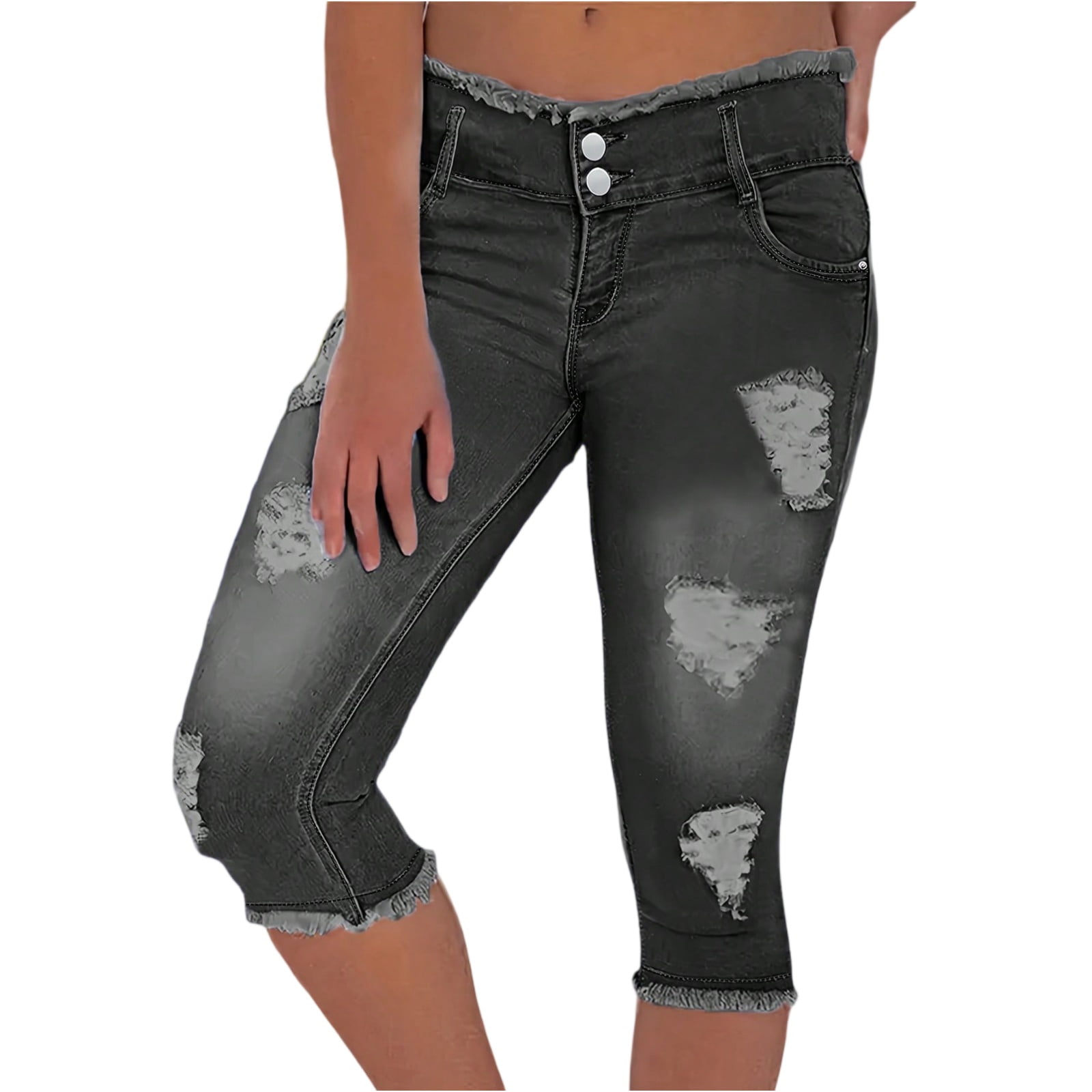 HKYNLAG Capri Jeans for Women Ripped Stretch Denim Capris Low Rise ...
