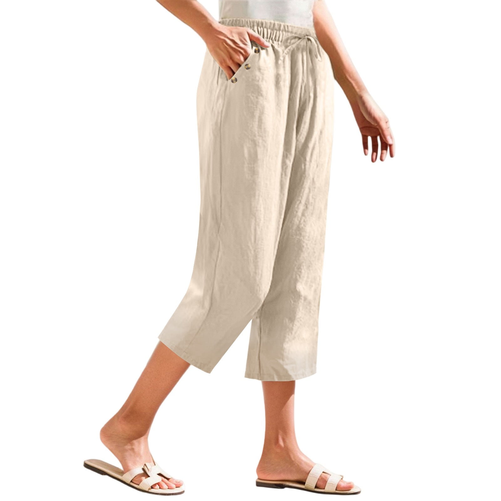 HKYNLAG Linen Capri Pants Women 2025 Summer Drawstring Straight Leg ...