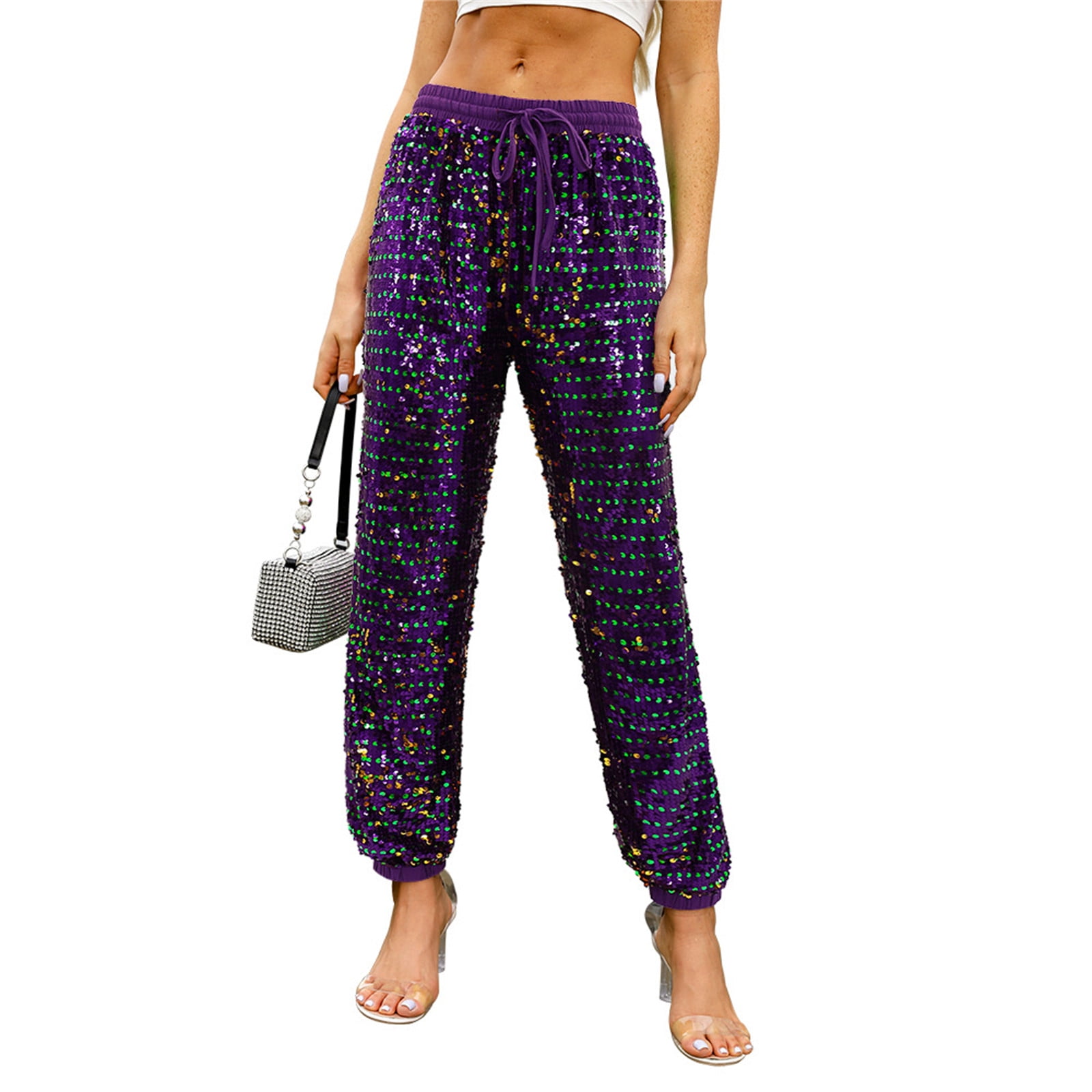 HKYNLAG Mardi Gras Sequin Pants Women Party Trendy Elastic Waist ...