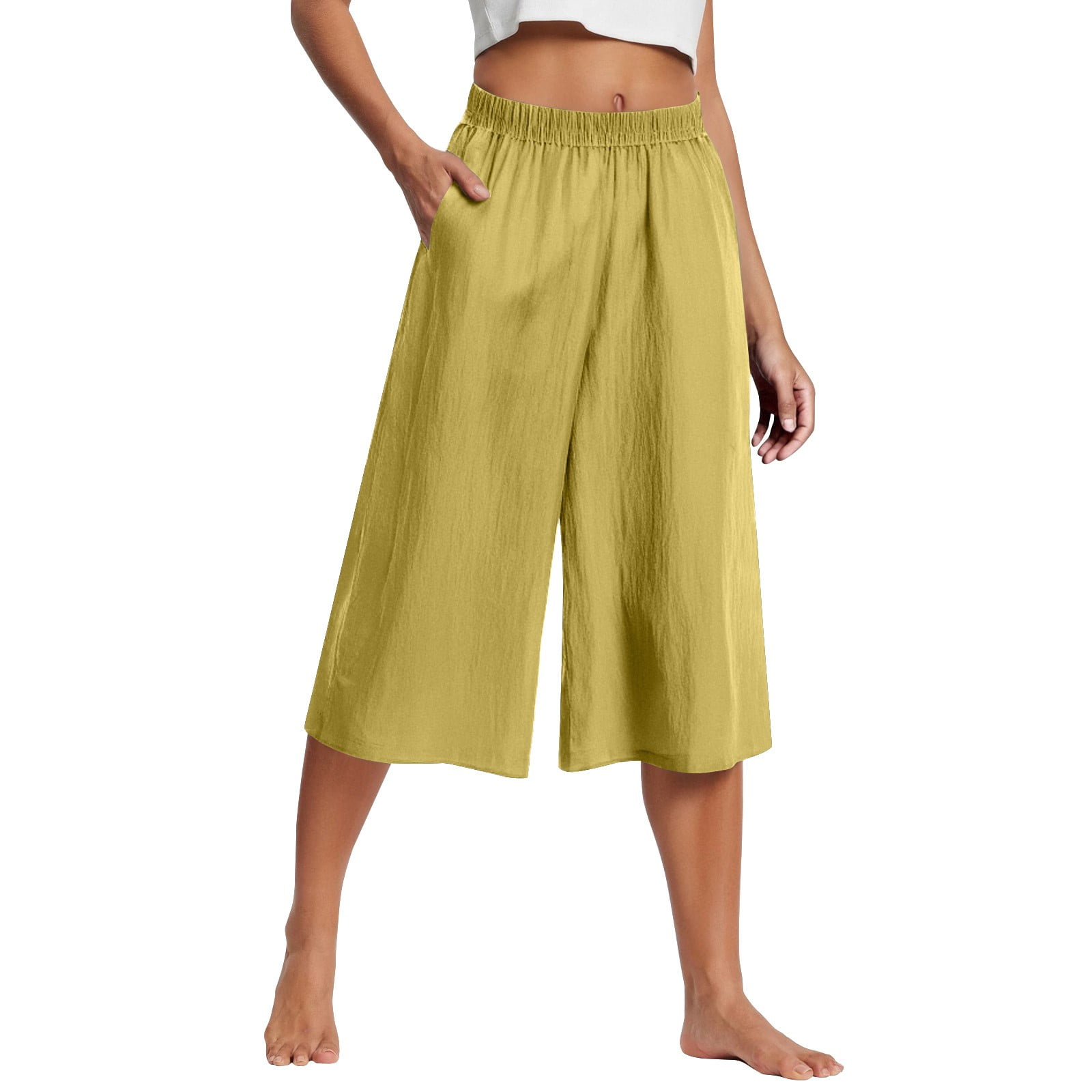 HKYNLAG Plus Size Capris for Women with Pockets Summer Cotton Linen ...