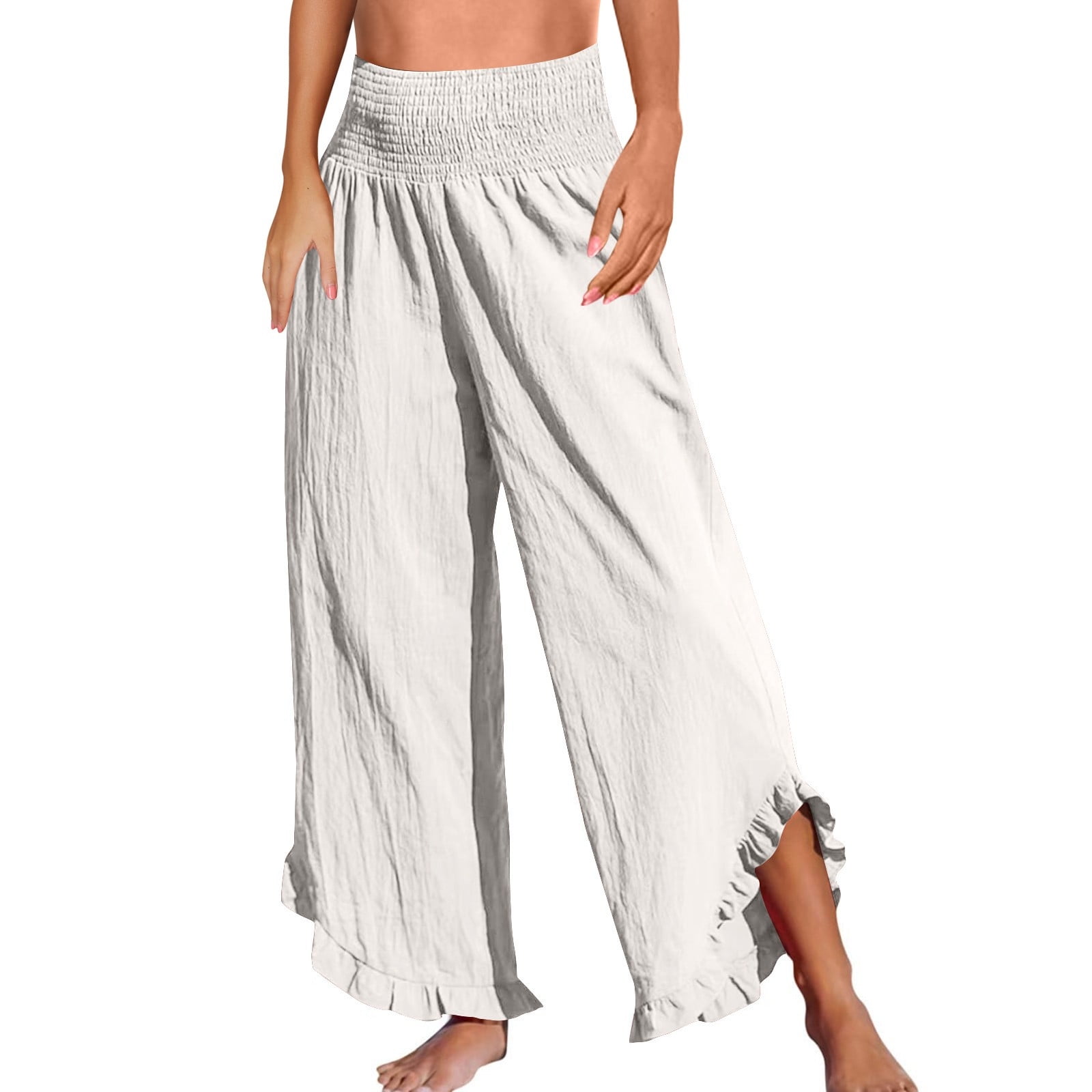 HKYNLAG Wide Leg Linen Pants Women Boho High Waisted Ruffle Palazzo ...