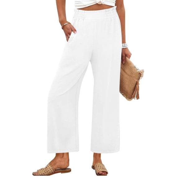 HKYNLAG Women Linen Pants Summer Wide Leg Pants Boho Elastic Waist ...