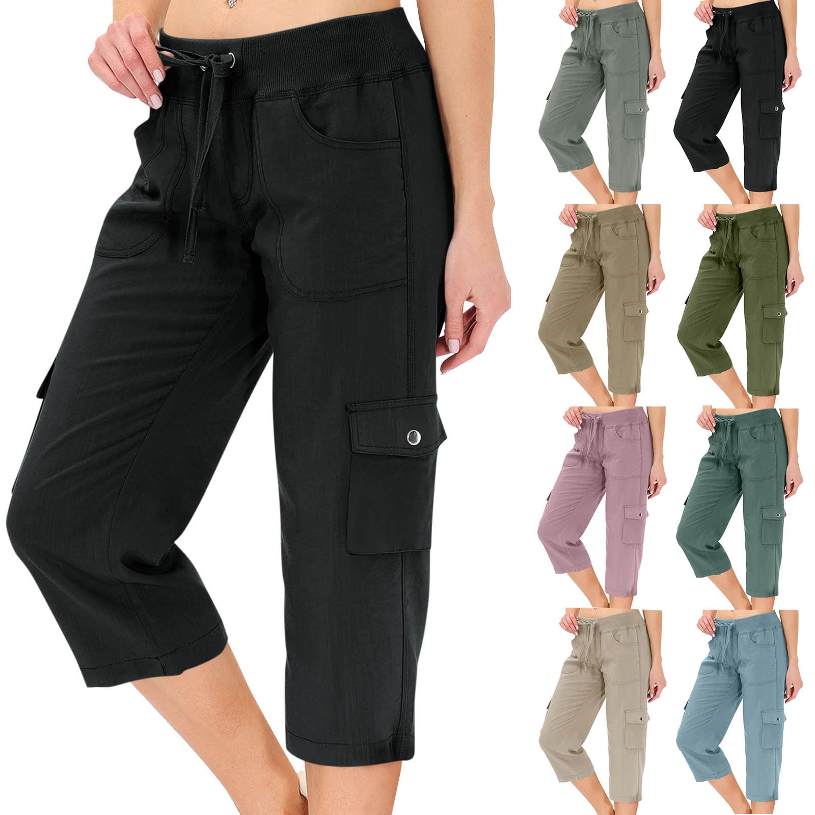HKYNLAG Women's Cargo Capris Casual Drawstring Capris Pants with Pockets Summer Plus Size Capri ...