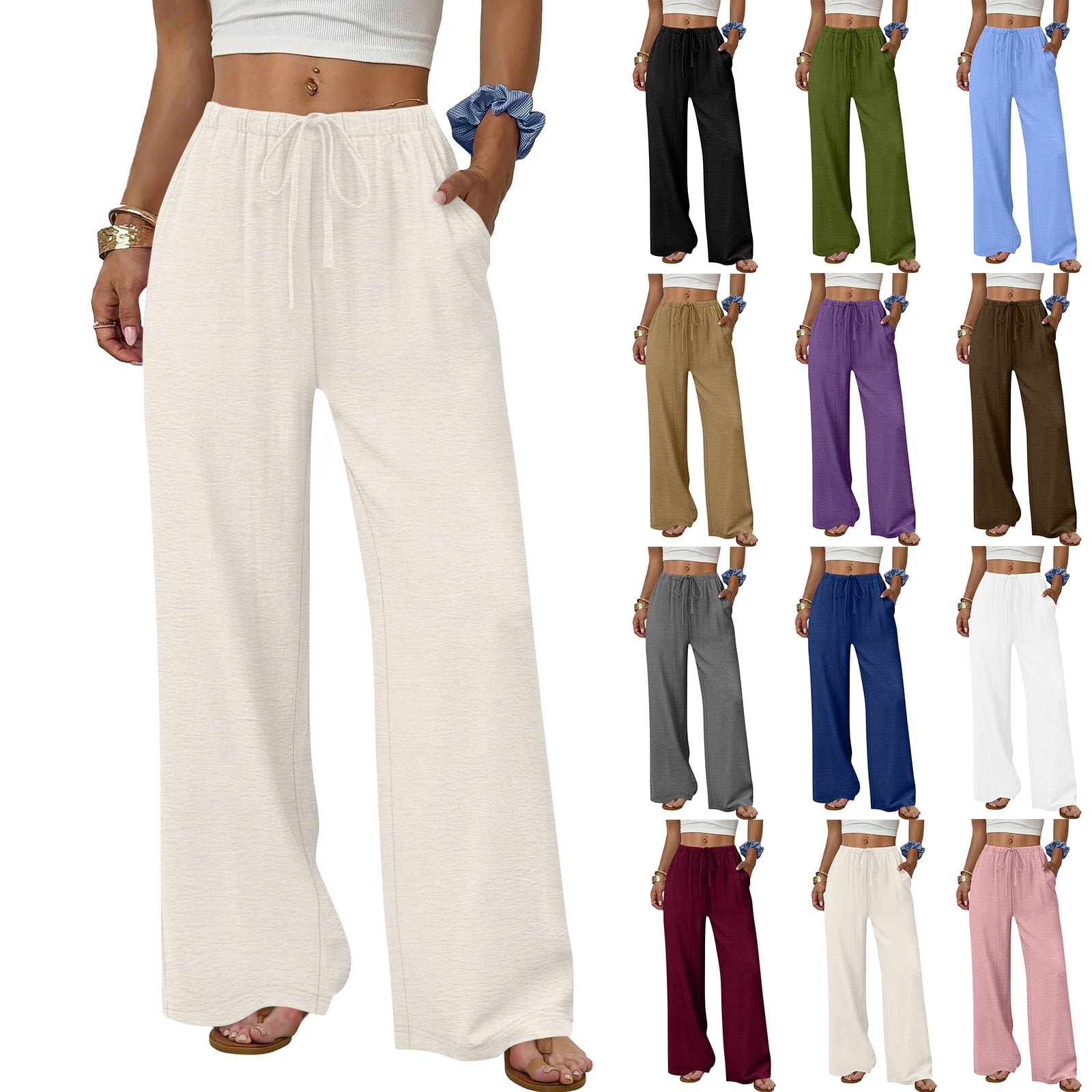 HKYNLAG Womens Linen Pants Casual Loose High Waist Wide Leg Cropped ...