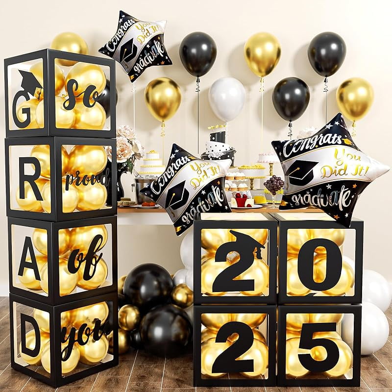 HKYOOD Graduation Decorations 2025, 4Pcs Black Graduation Balloon Boxes ...