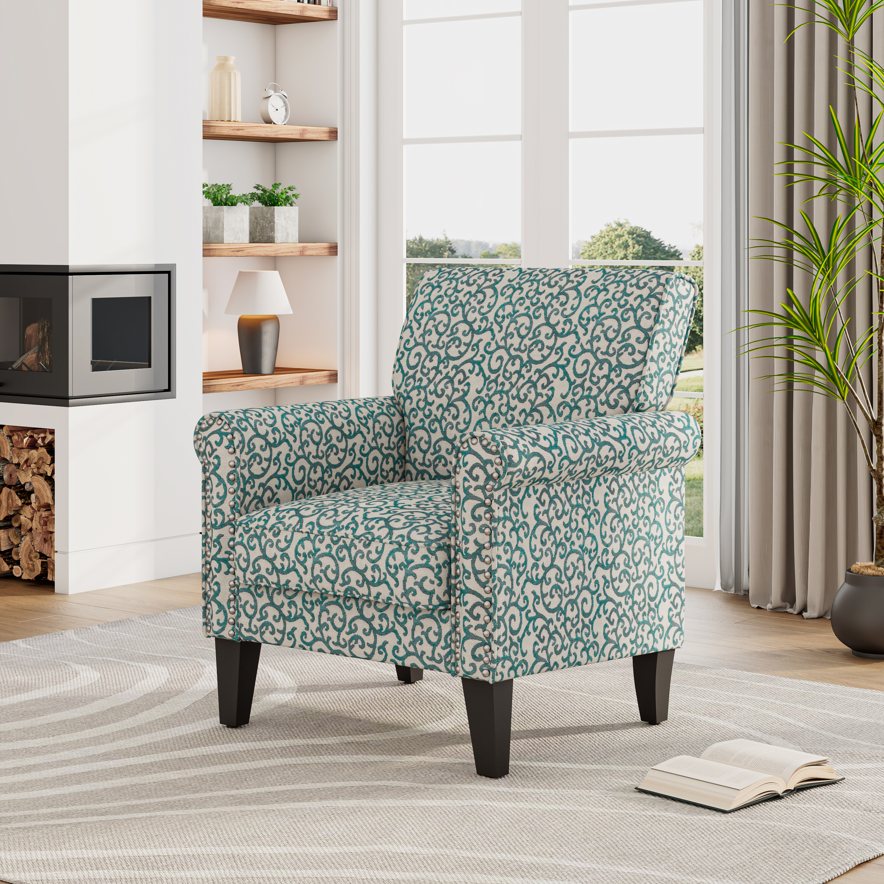 Homesvale Jean Rolled Arm Accent Chair with Nailheads, Blue Curly Vine ...