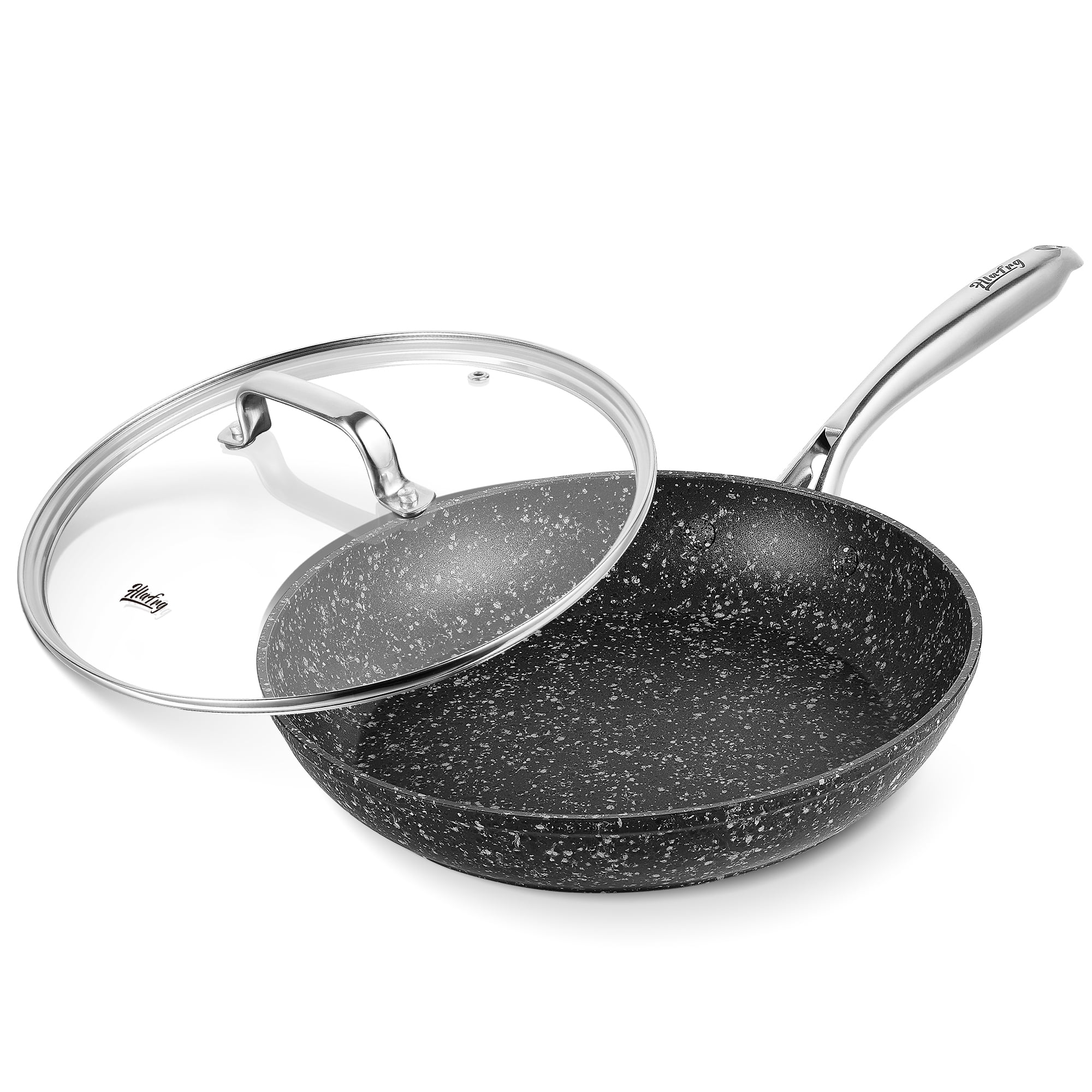 HLAFRG 10 inch Frying Pan with Lid, 10" Omelet Pan, Black Granite ...