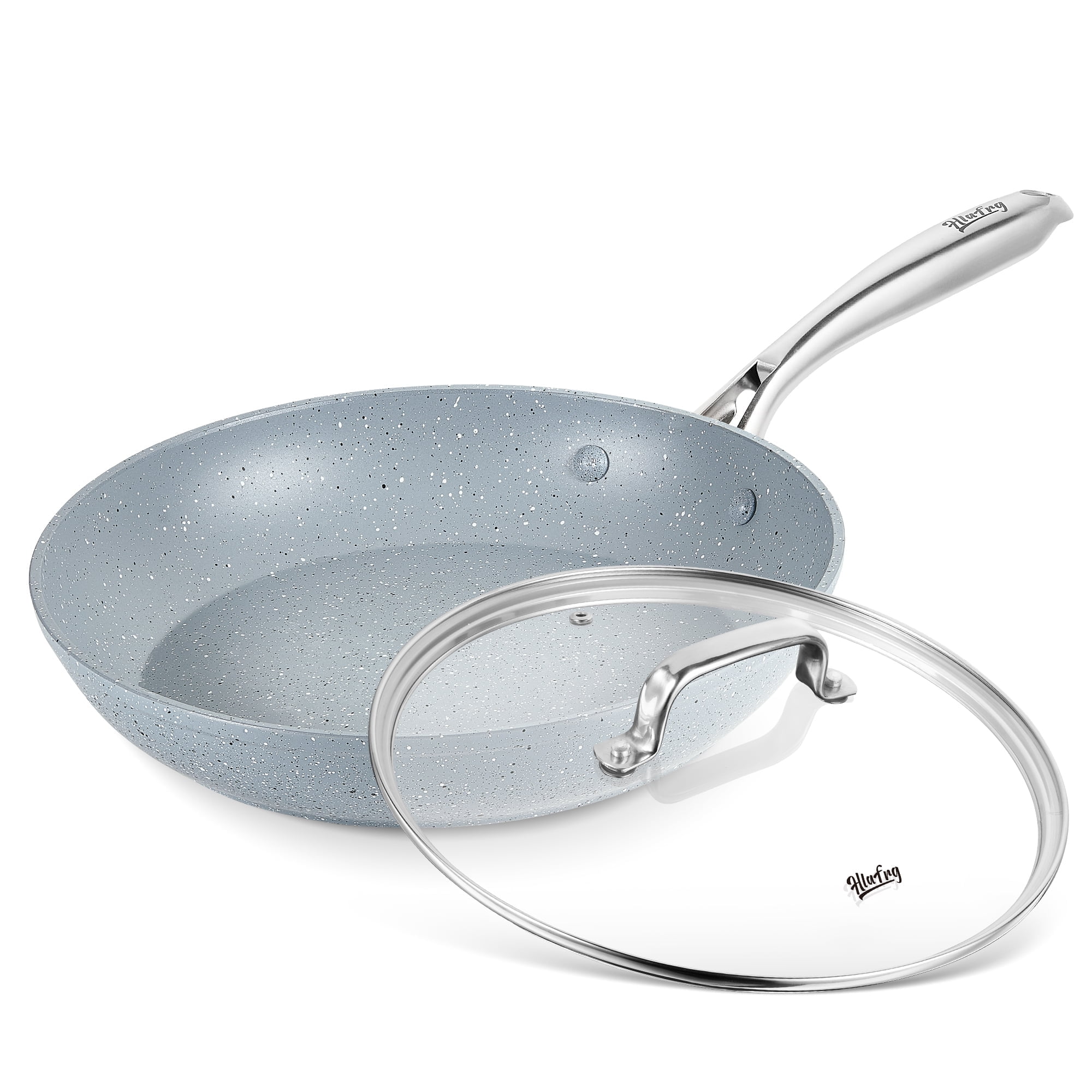 HLAFRG 12 Inch Nonstick Frying Pan with Lid, Blue Marble Skillet with ...