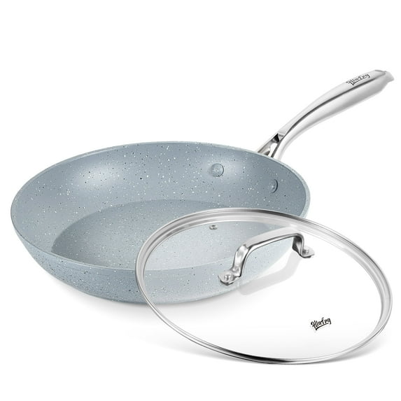 HLAFRG 12 Inch Nonstick Frying Pan with Lid, Blue Marble Skillet with ...