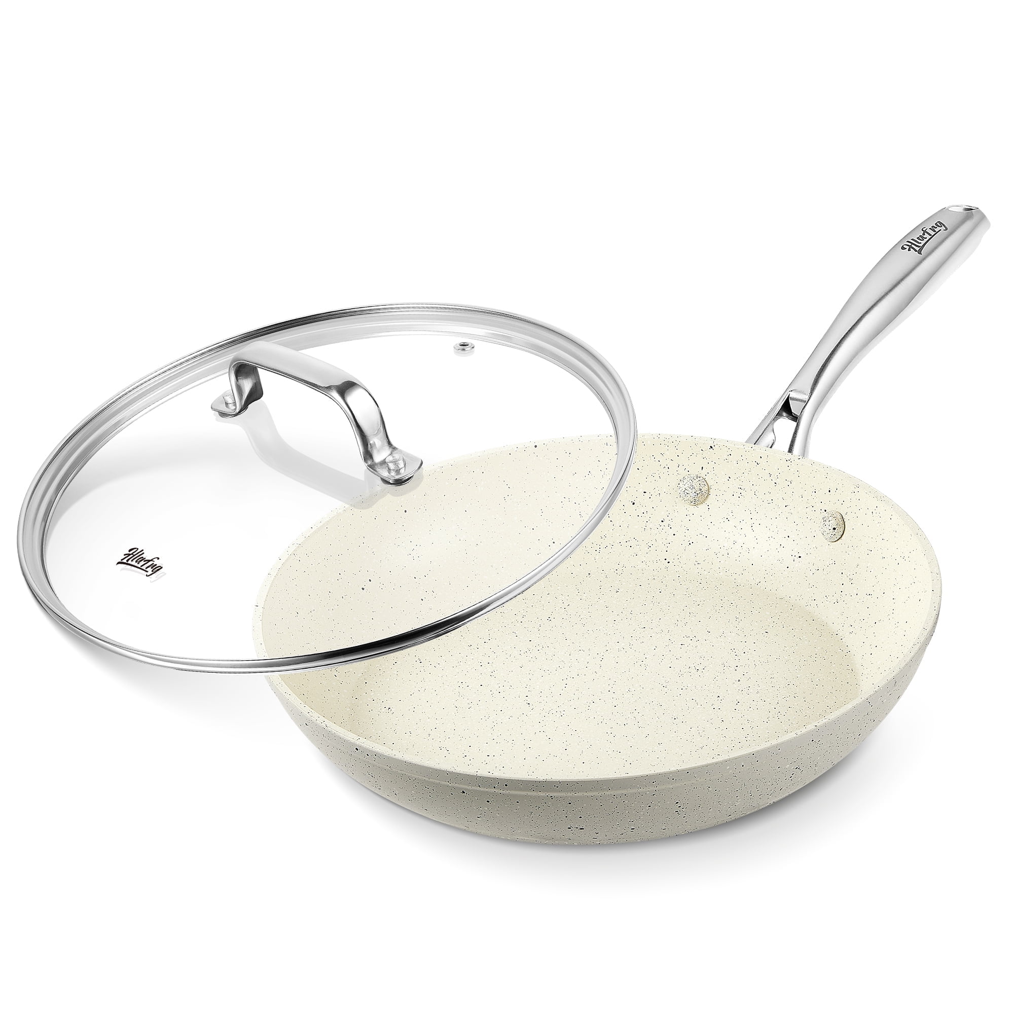 HLAFRG 12 Inch Nonstick Frying Pan with Lid, White Marble Skillet Stone ...