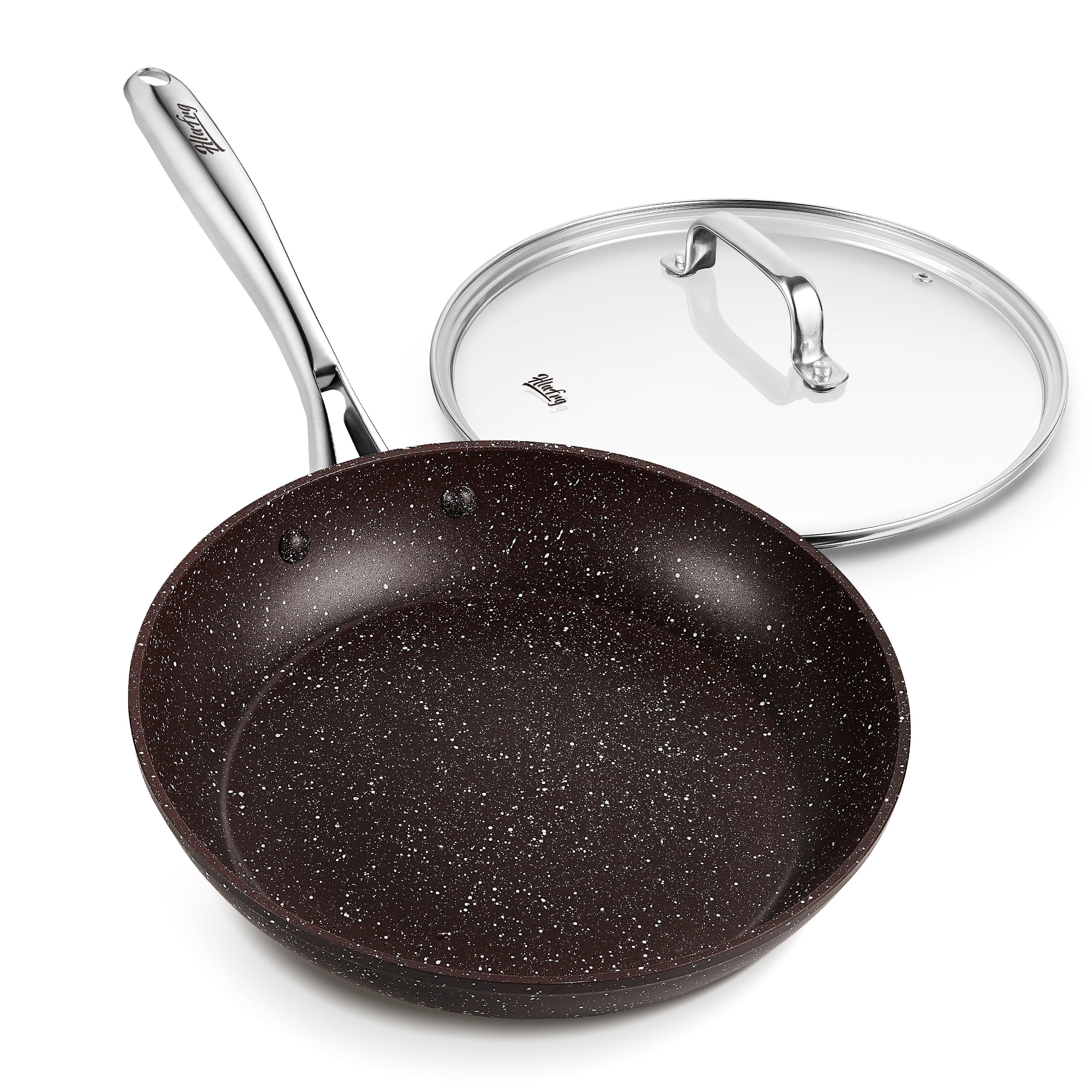 HLAFRG 8 Inch Nonstick Frying Pan with Lid,Brown Marble Skillet, Stone ...