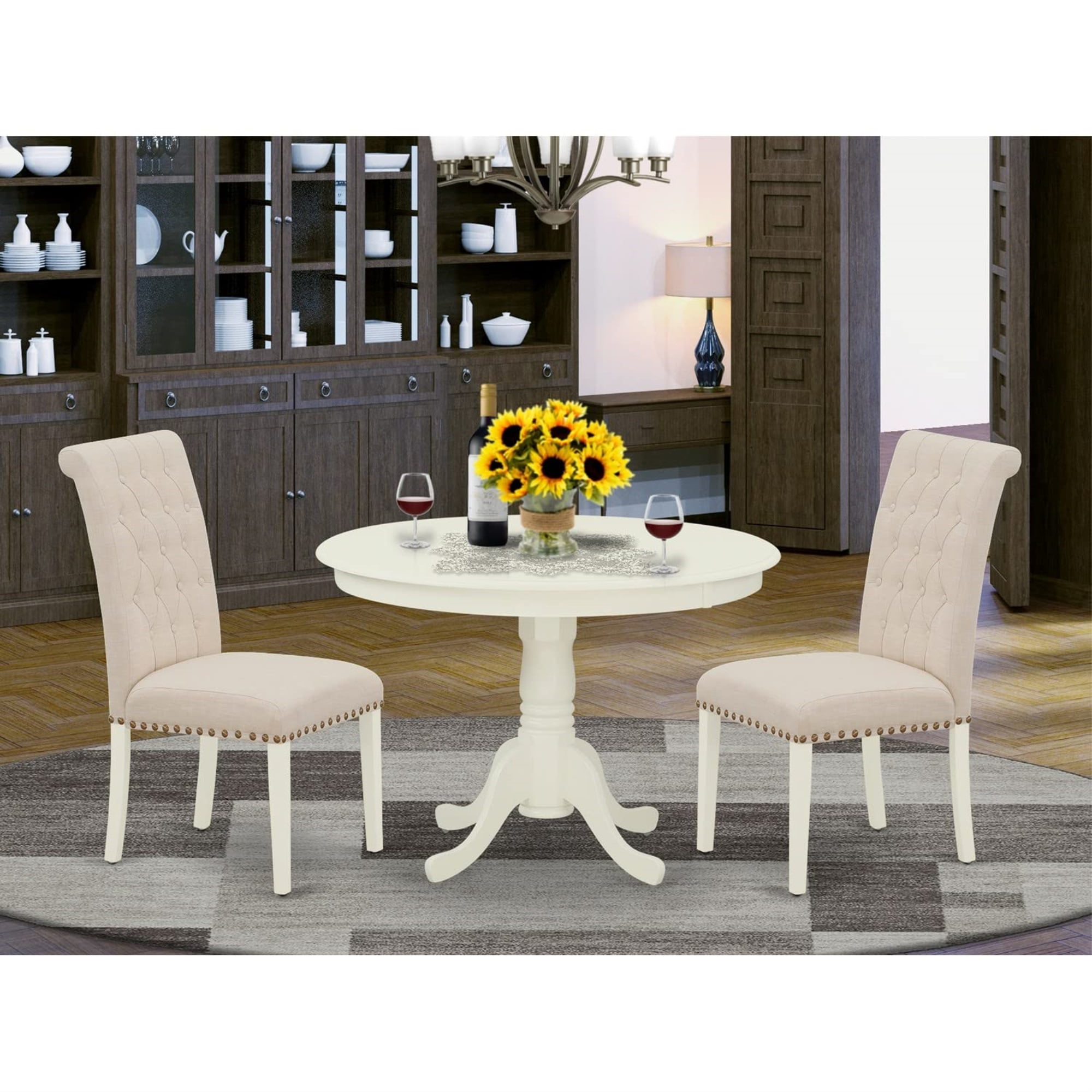 HLBR3-LWH-02 3Pc Dinette Set: Round Table & 2 Parson Chairs in Linen ...