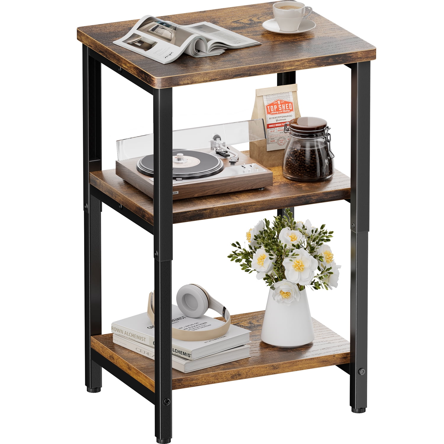 HLDIRECT 3 Tier Side Table, Adjustable Height End Table with Storage ...