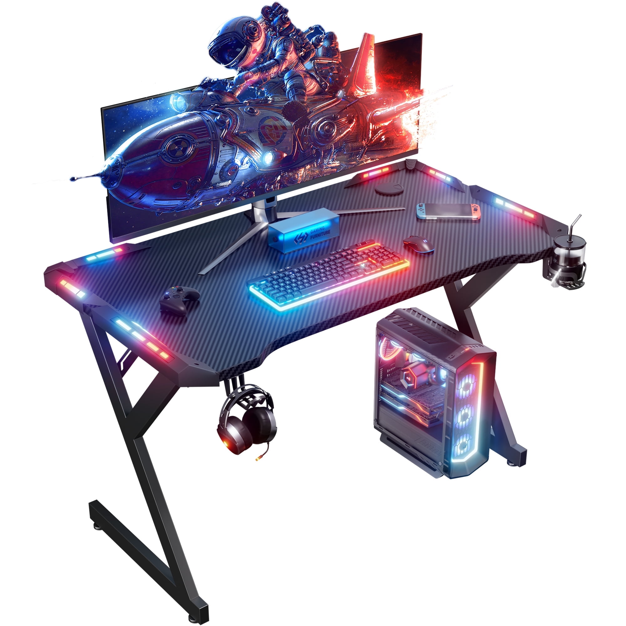 HLDIRECT 40 inch Gaming Desk with LED, Ergonomic Computer Table for ...