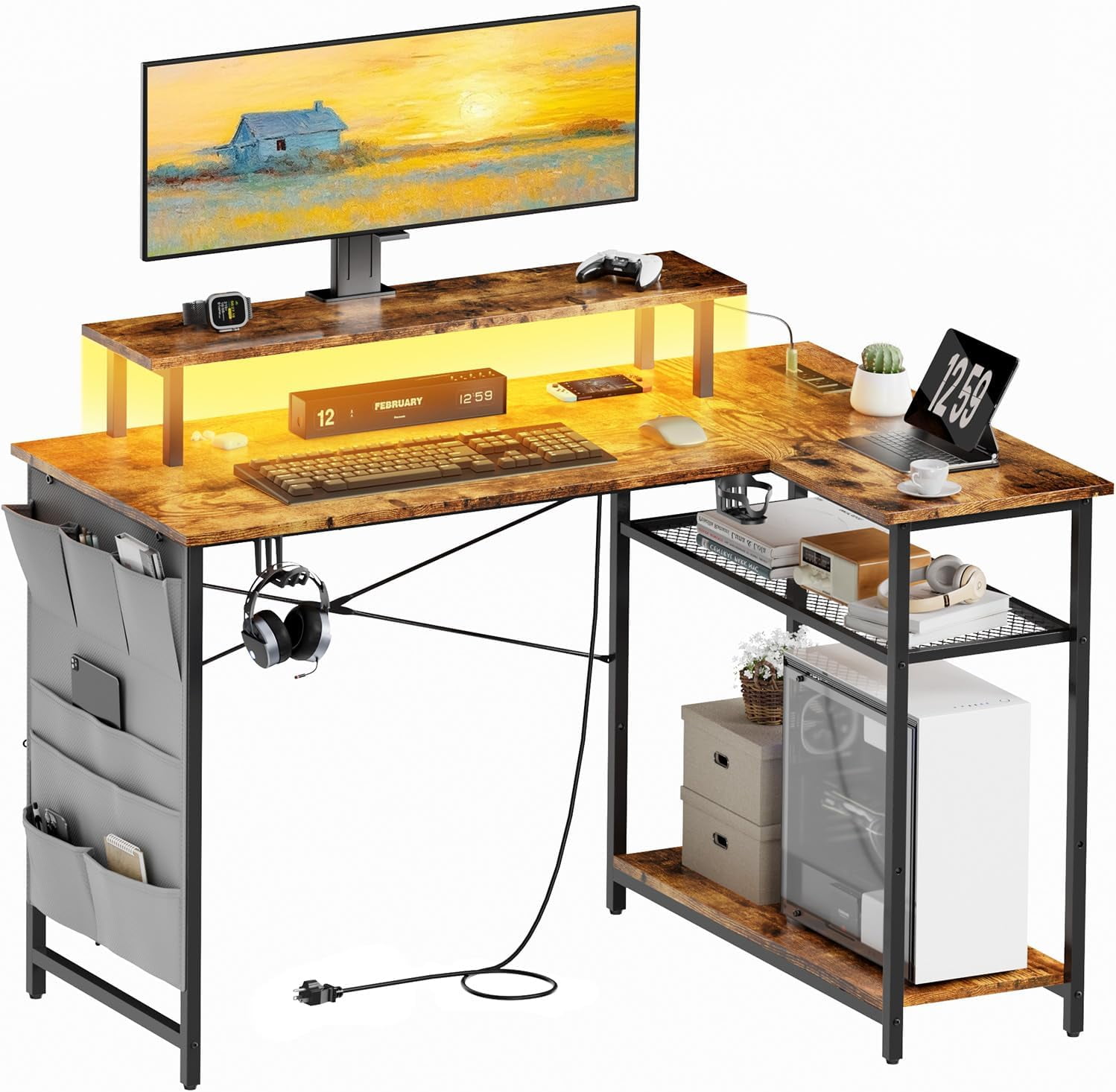 HLDIRECT 43 Inch Computer Desk with Power Outlet & LED Lights, L Shaped ...