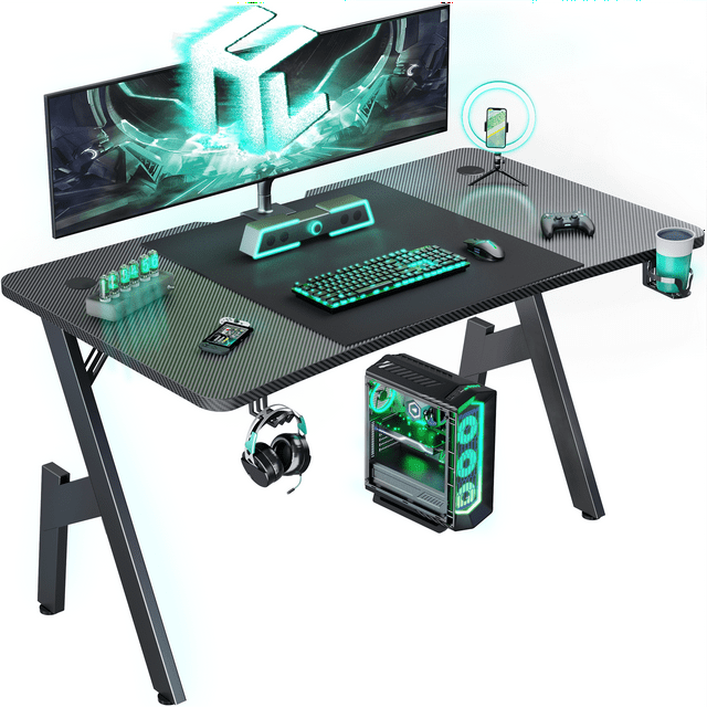 HLDIRECT 55 Inch Carbon Fibre Gaming Desk, Ergonomic PC Gamer Computer ...