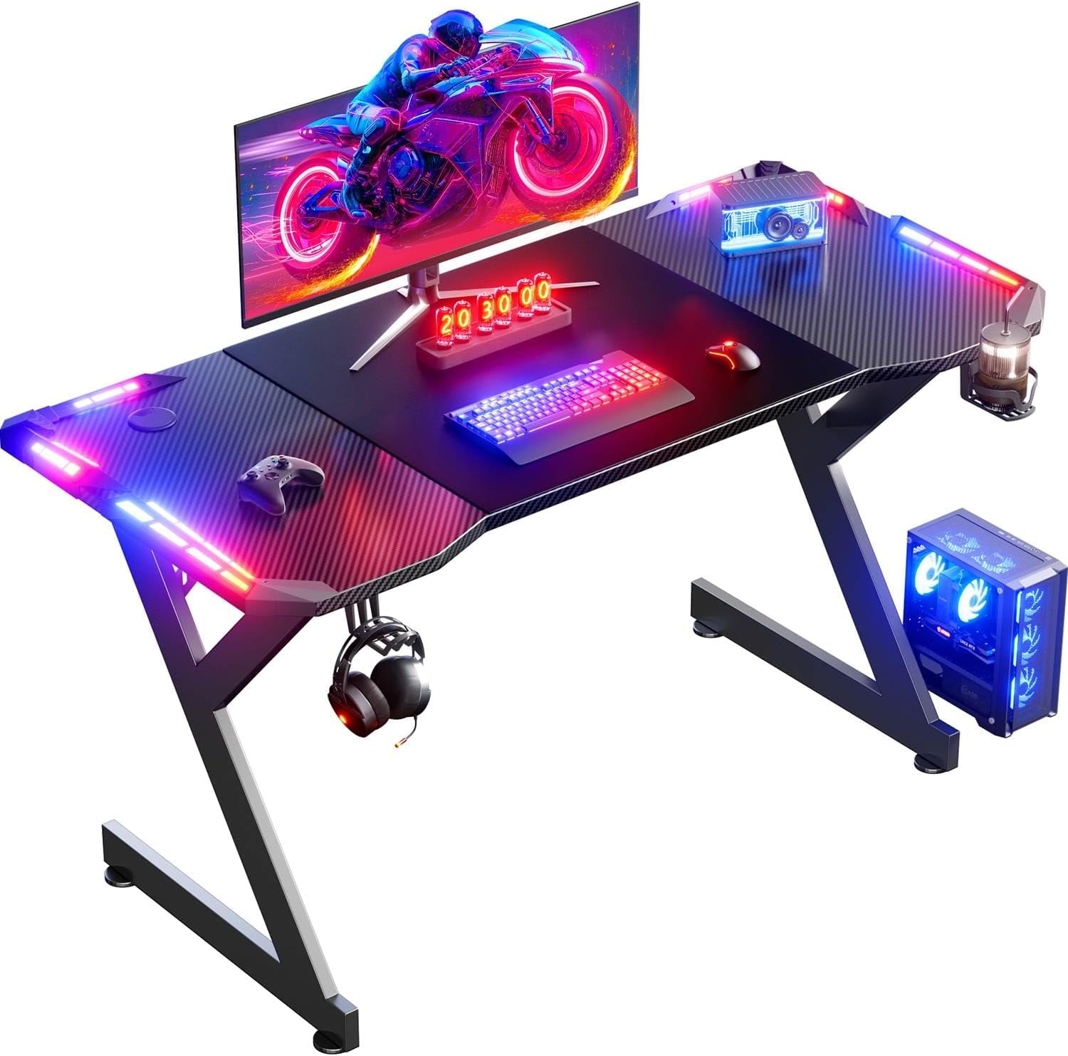 HLDIRECT, Gaming Desk, 55 inch, RGB LED Lights, Ergonomic Design ...