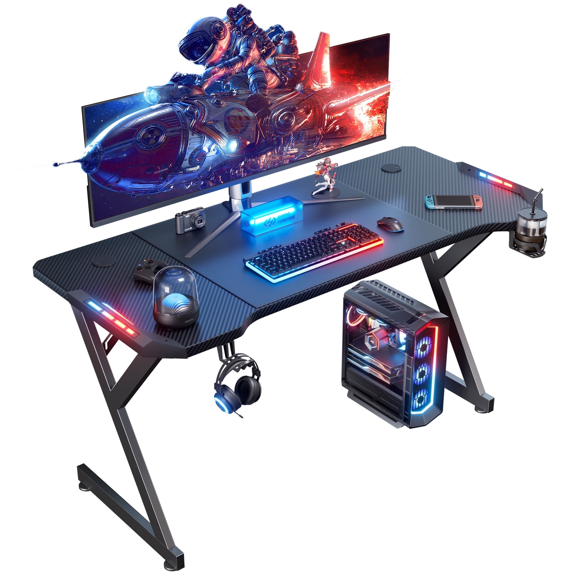 HLDIRECT 63 inch Gaming Desk with LED, Ergonomic Large Computer Table ...