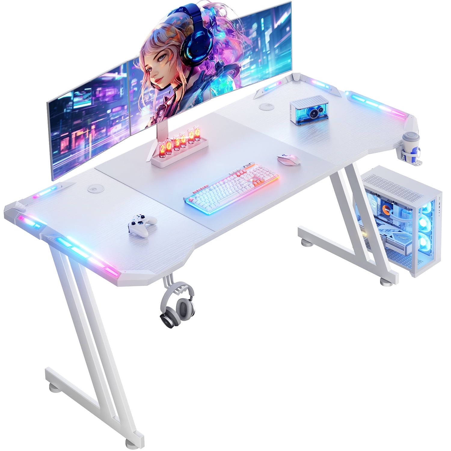 HLDIRECT 63 Inch Gaming Desk with LED Lights Carbon Fibre Surface ...