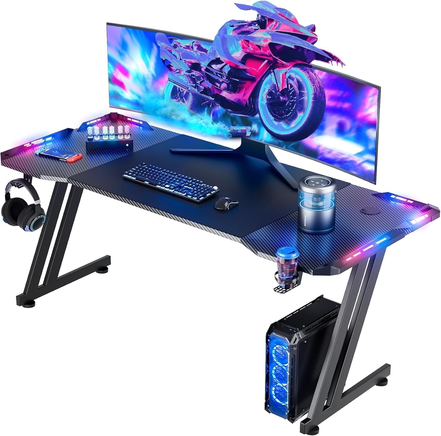 HLDIRECT 63 Inch LED Lit Gaming Desk, Carbon Fibre Surface, Ergonomic ...
