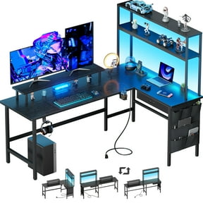 Homieasy 47-inch L-Shaped Gaming Computer Desk with LED Lights & Power ...