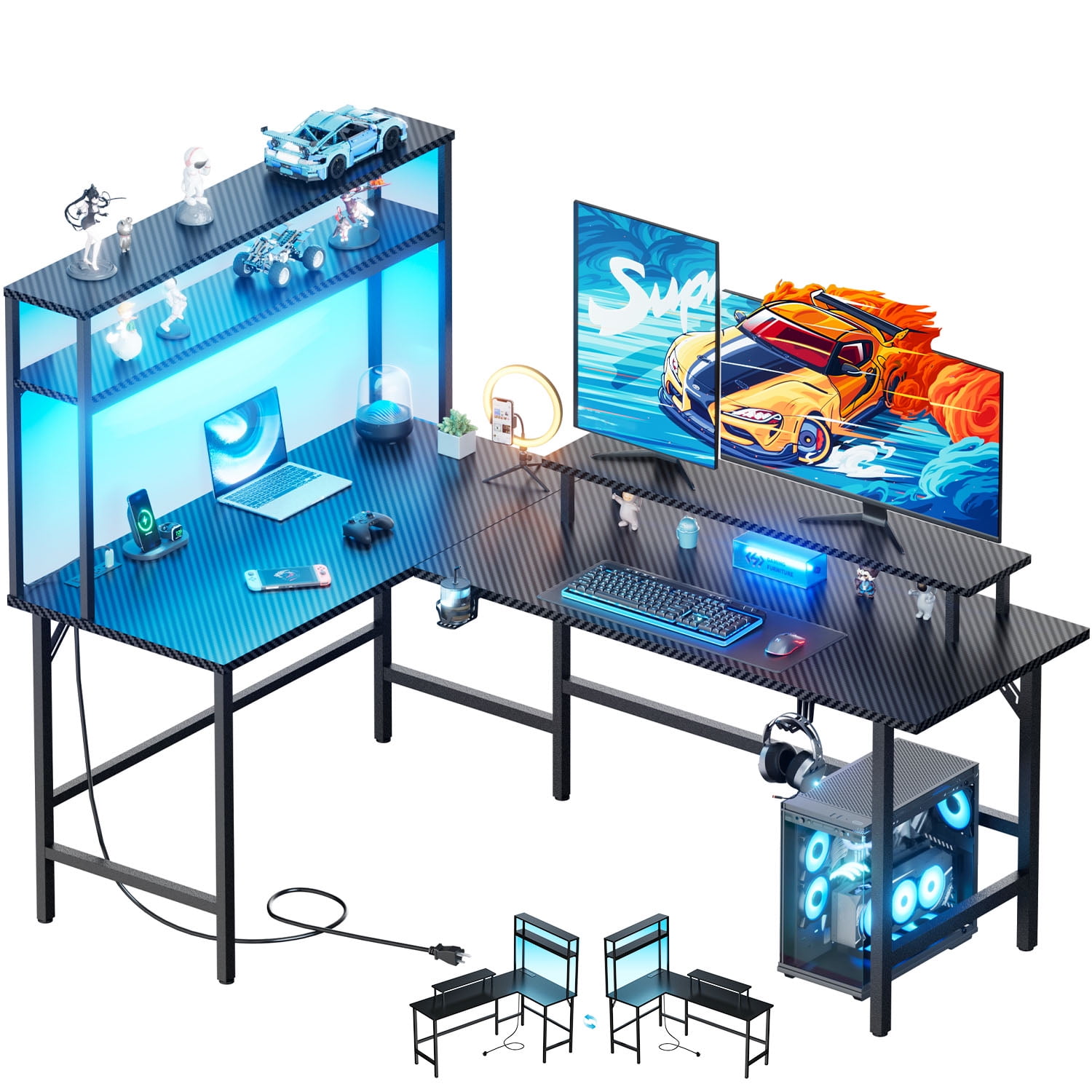 HLDIRECT L Shaped Gaming Desk with LED & Power Outlet, 59 inch ...