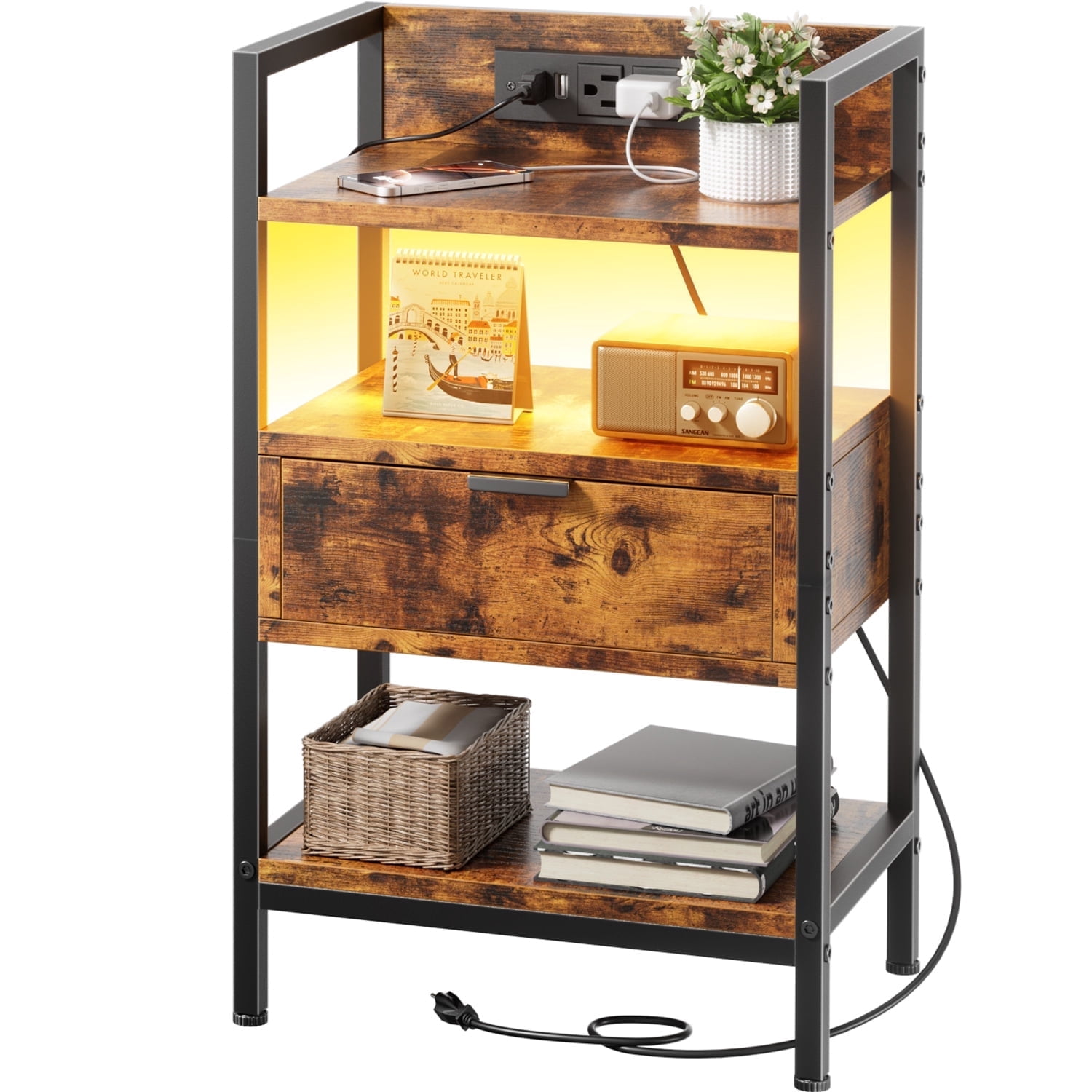 HLDIRECT Night Stand with Charging Station, LED Nightstand with Storage ...