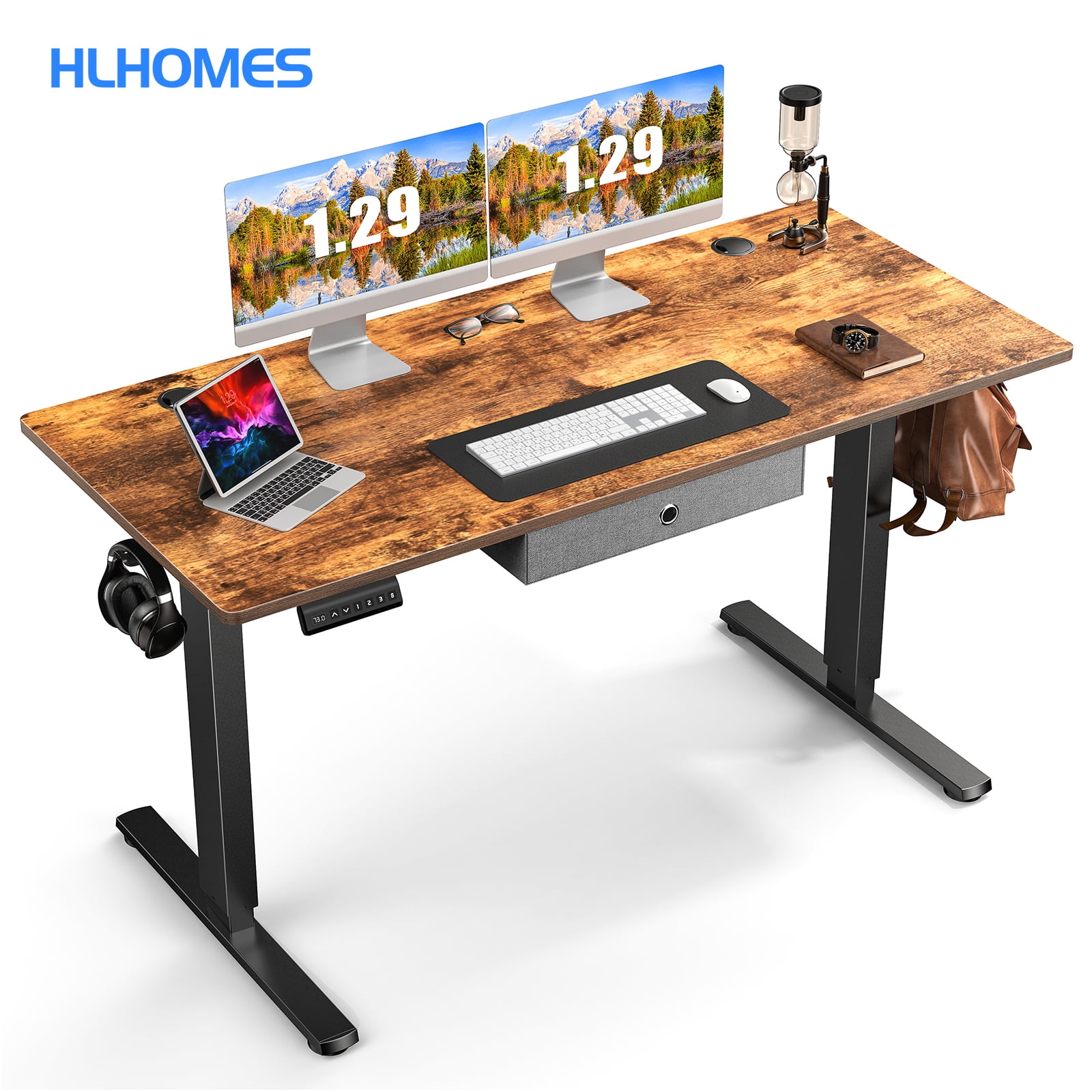 HLHOMES Electric Height Adjustable Desk with Drawers 55 x 24 Inch for Home Office Workstation ...