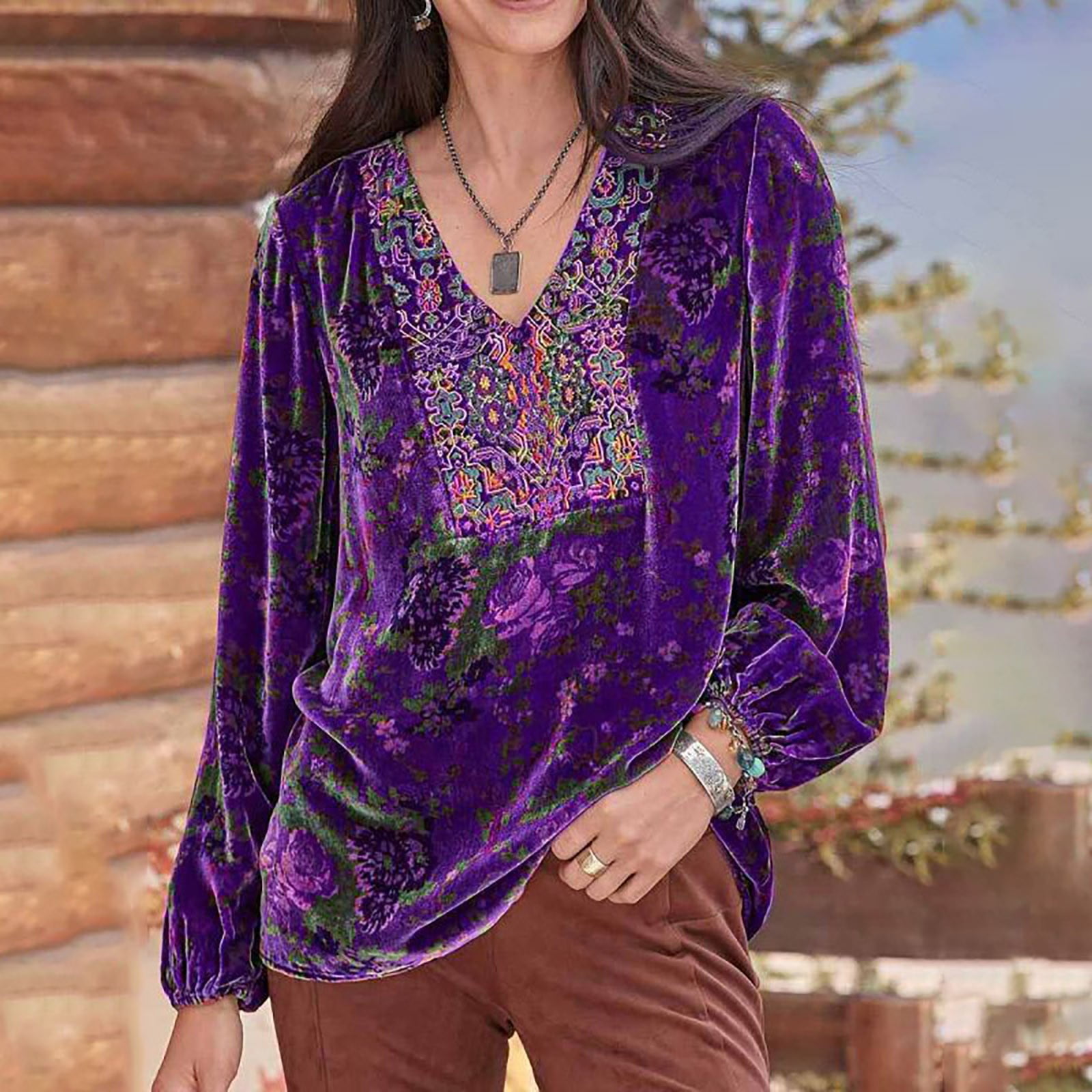 HLKJKLS Long Sleeve Shirts For Women V Neck Floral Print Velvet Long ...