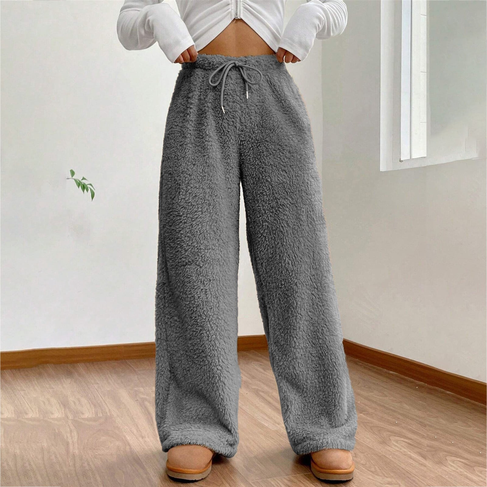 HLKJKLS Sweatpants Women Fuzzy Plush Pajama Pants Elastic Waist Wide ...