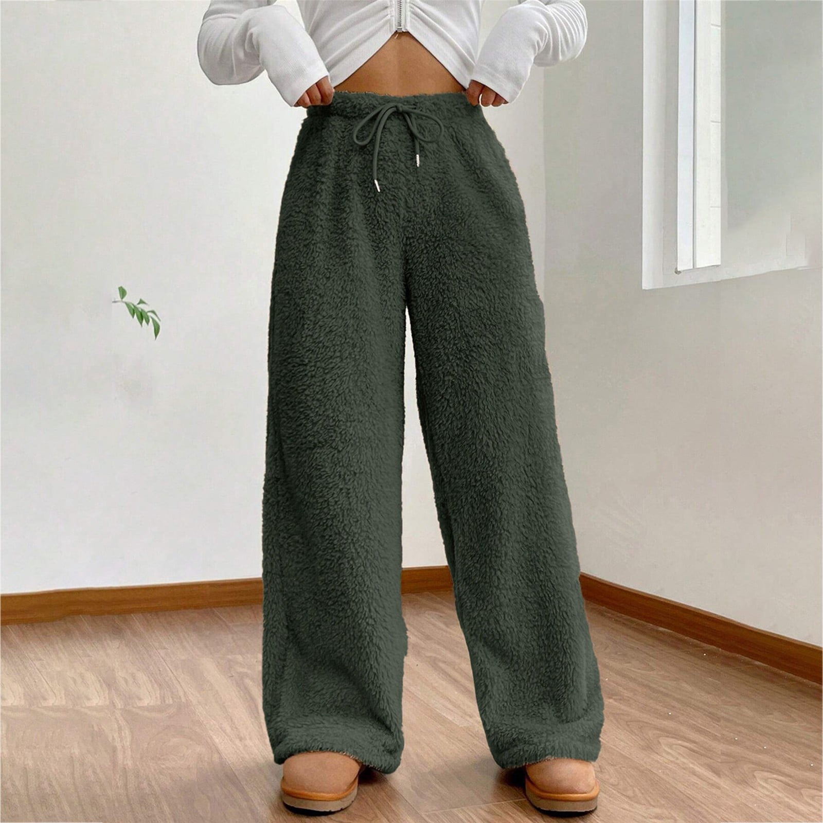 HLKJKLS Sweatpants Women Fuzzy Plush Pajama Pants Elastic Waist Wide ...