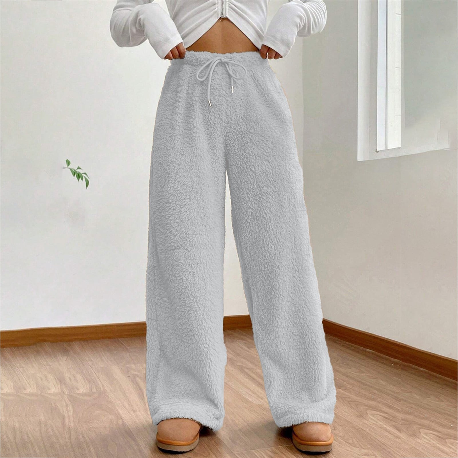 HLKJKLS Sweatpants Women Fuzzy Plush Pajama Pants Elastic Waist Wide ...