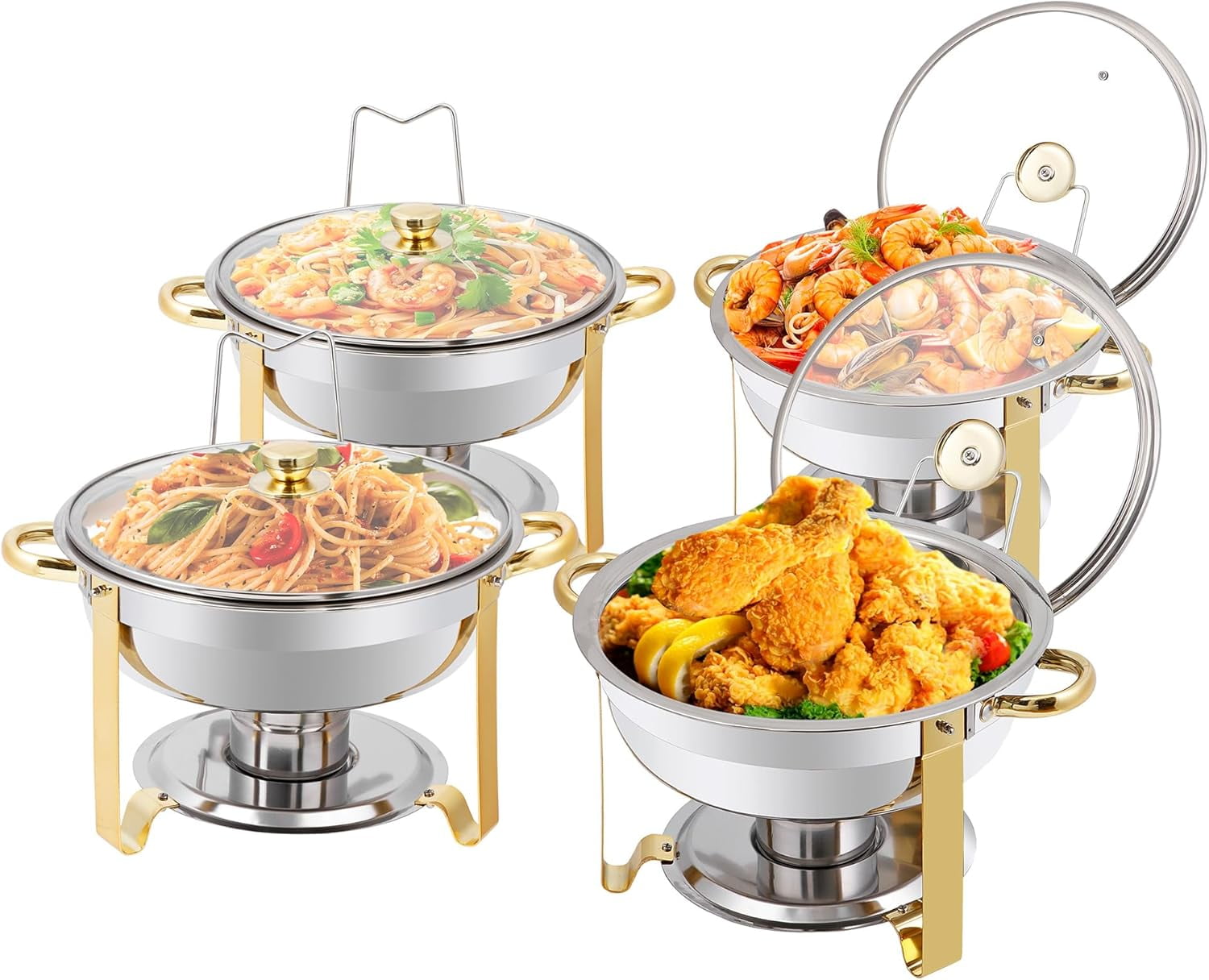 HLL 4 Pack Round Chafing Dishes for Buffet Set with Glass Lid, Food and ...