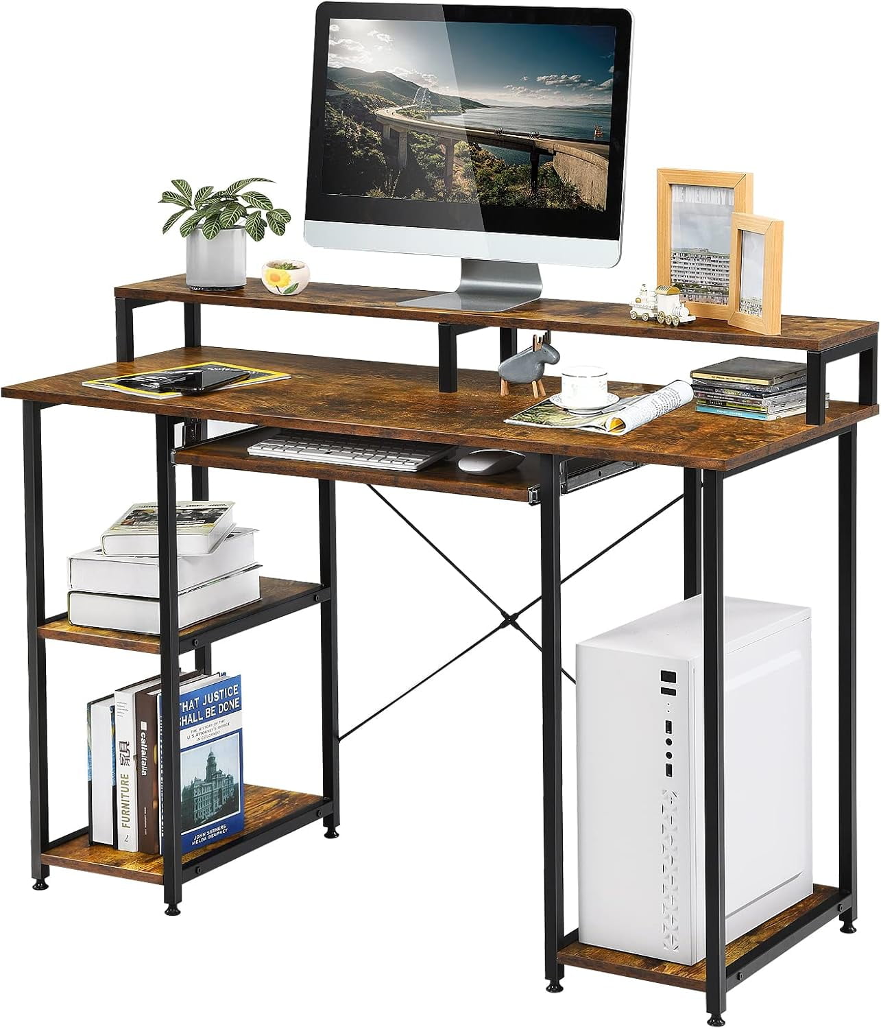HLL 47’’ Computer Desk with Hutch, Rustic Office Desk w/Storage Shelves ...