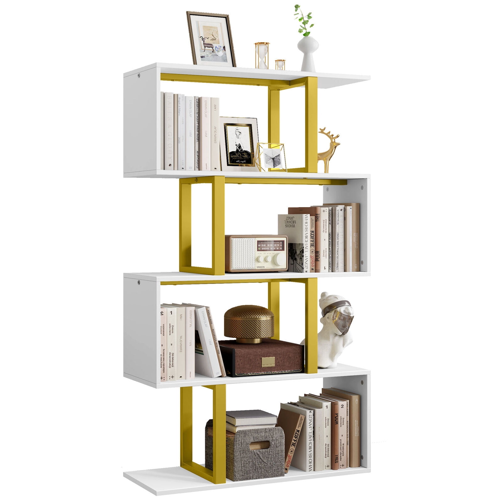 HLL 5/6 Tier Wood Geometric Bookcase S-Shaped Bookshelf Freestanding ...