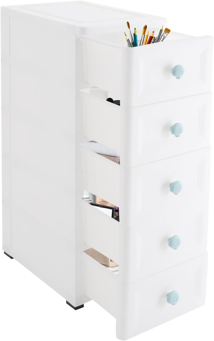 HLL 5 Drawers Storage Cart, Narrow Plastic Dresser Makeup Drawers White ...