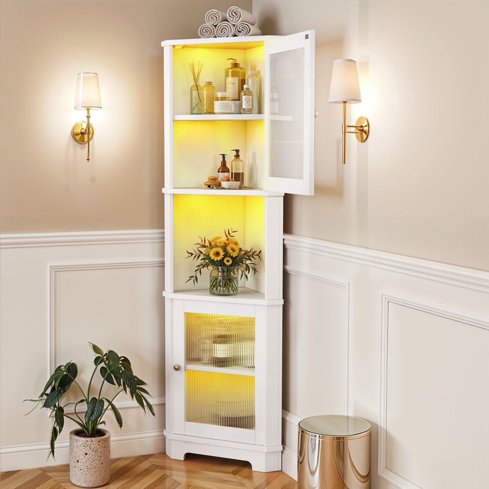 HLL 67" LED Corner Cabinet Acrylic Doors Storage Adjustable Shelves ...