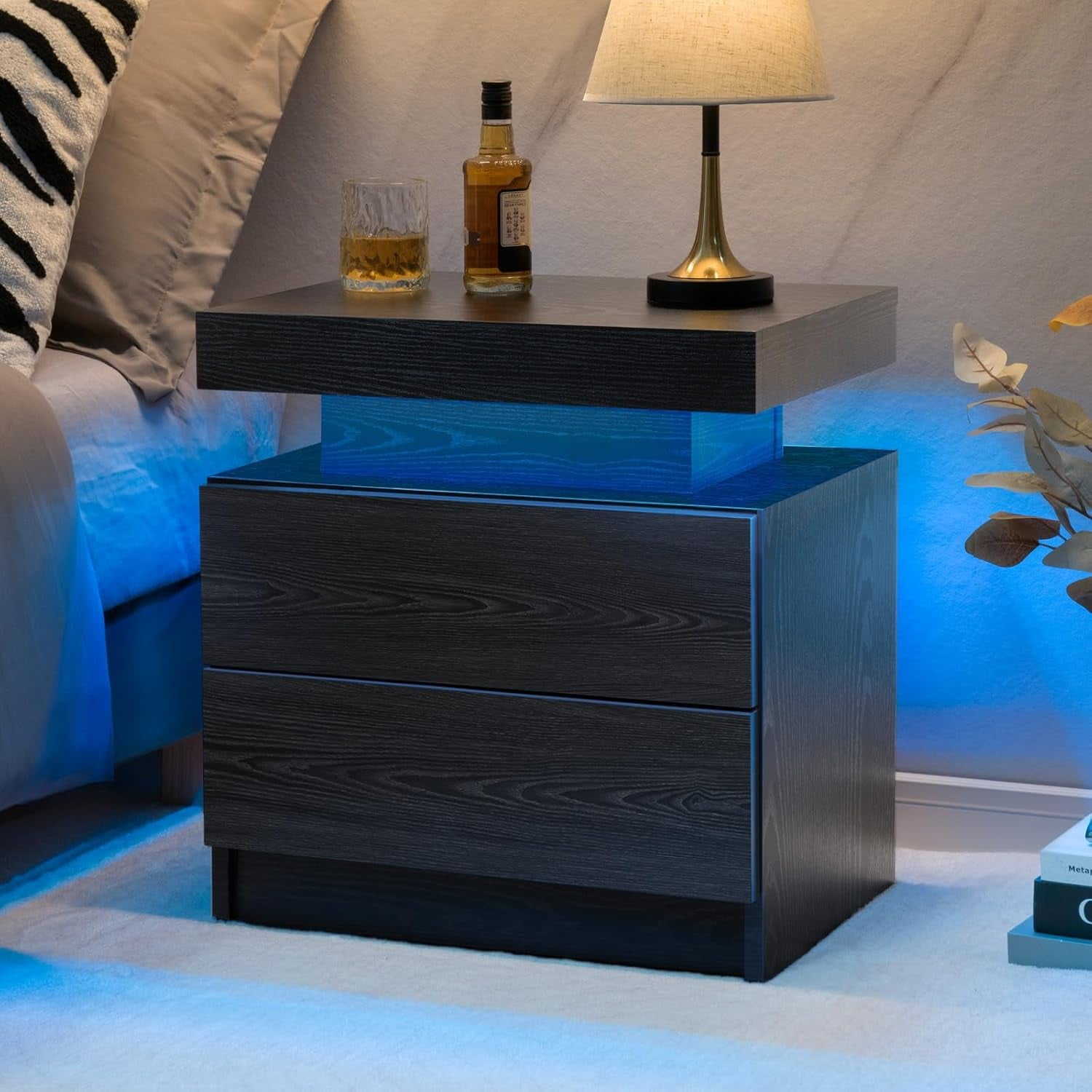 HLL LED Nightstand with 2 Drawers,Modern Nightstand for Bedroom,Black ...